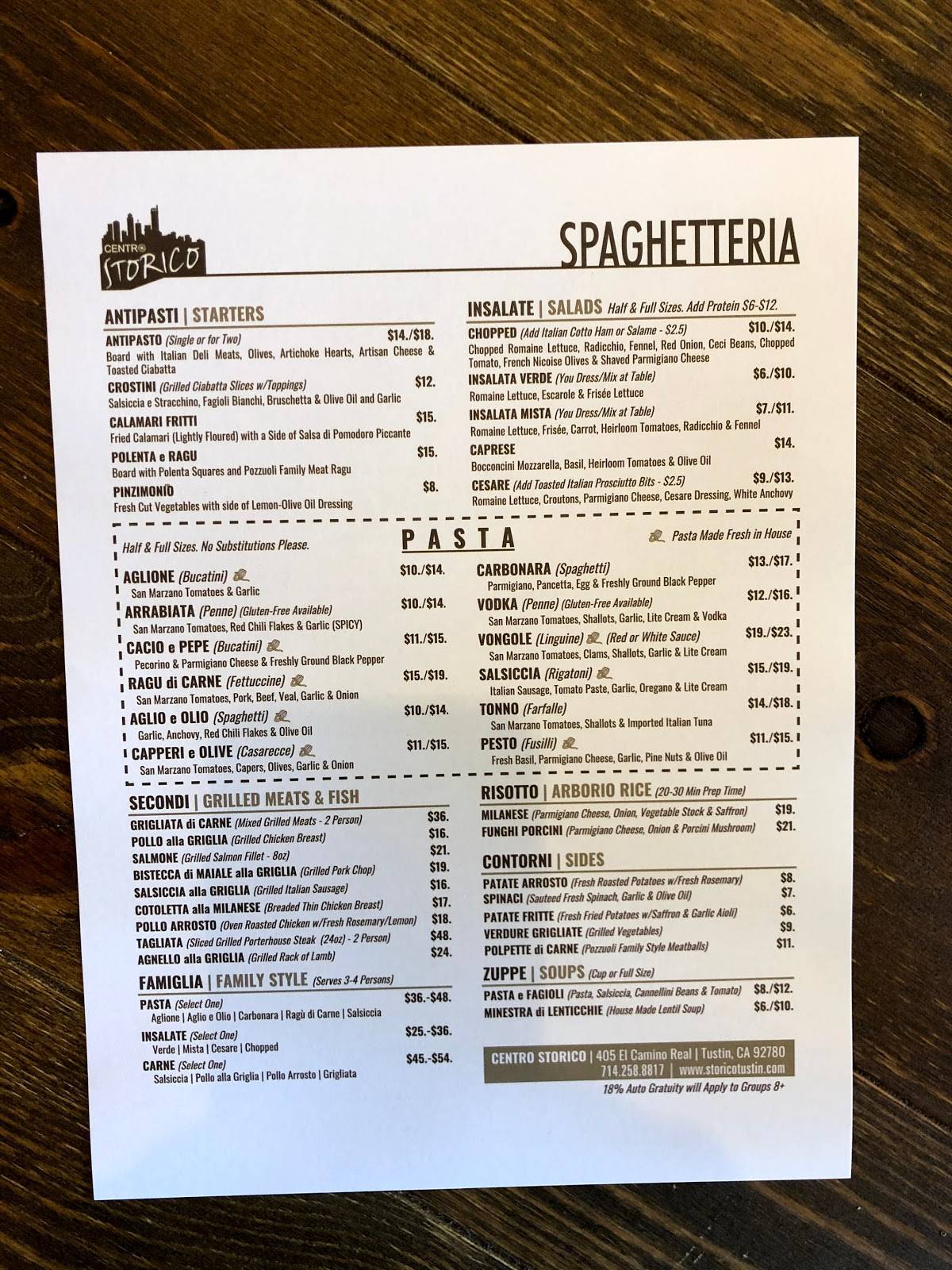 Menu at CENTRO Storico Spaghetteria restaurant, Tustin