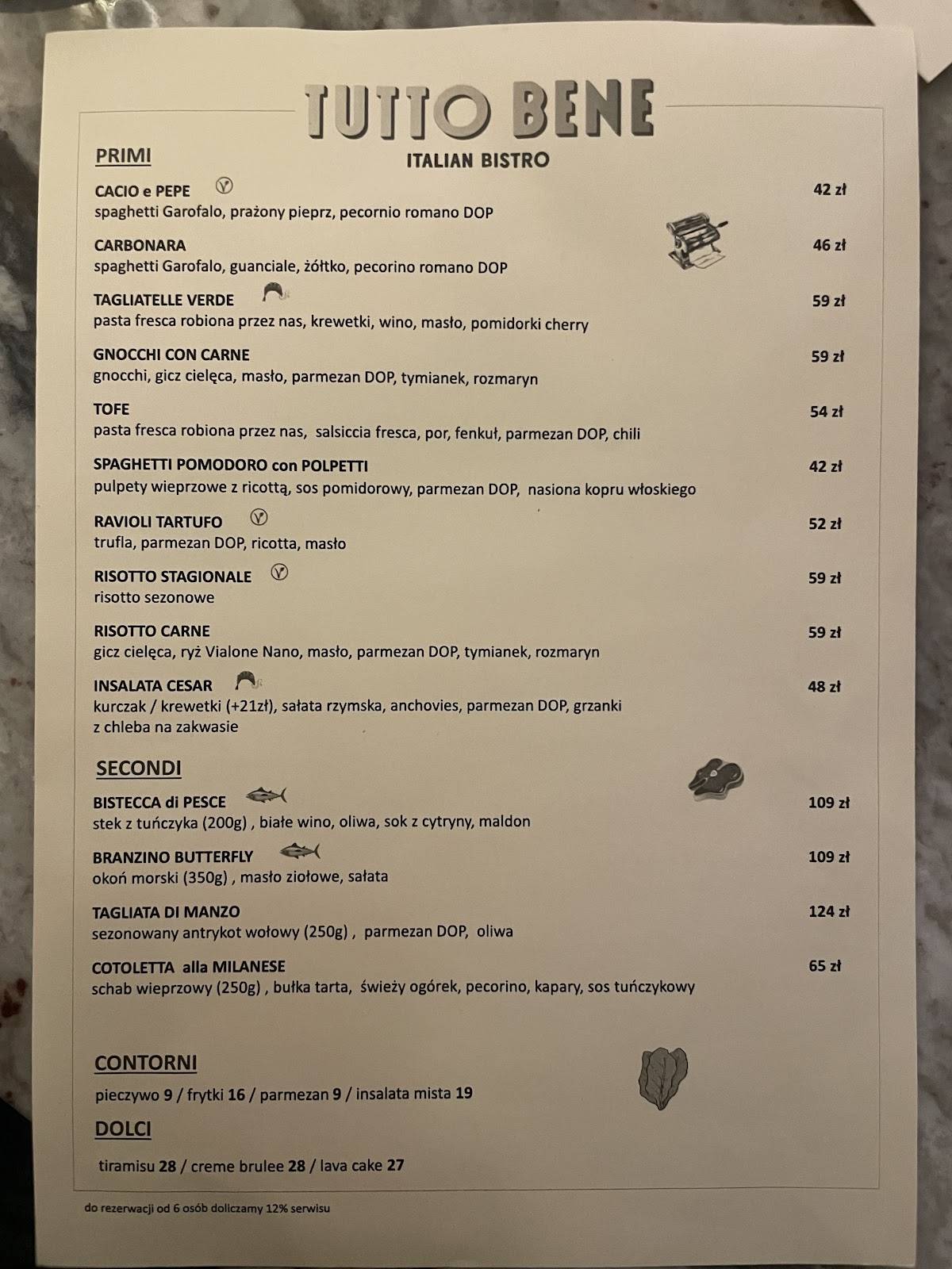Menu at Tutto Bene Bistro Italiano restaurant, Warsaw