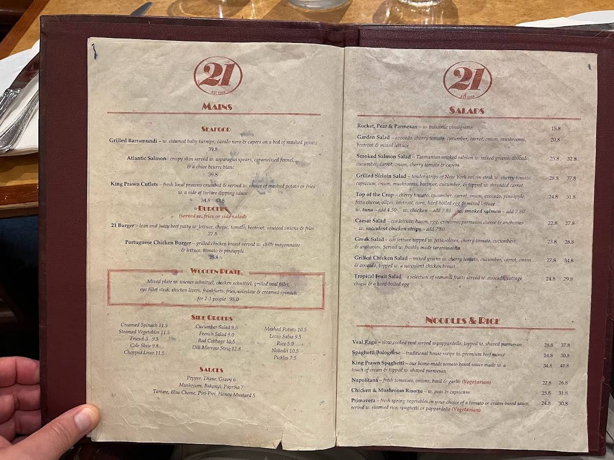 Menu at Twenty-One Espresso restaurant, Double Bay