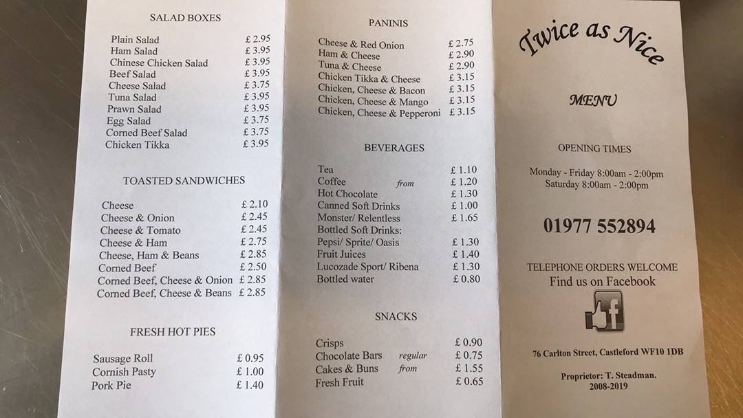 Menu at Twice as nice fast food, Castleford