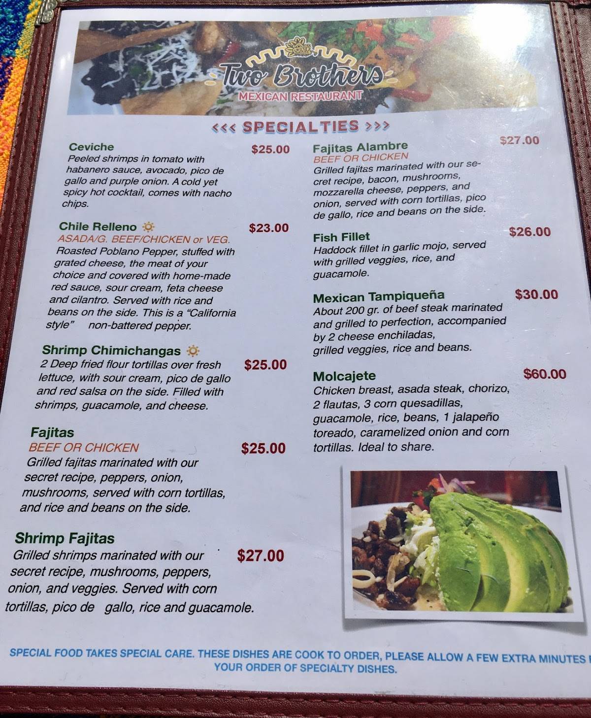 Menu at Two Brothers Mexican Restaurant, West Kelowna