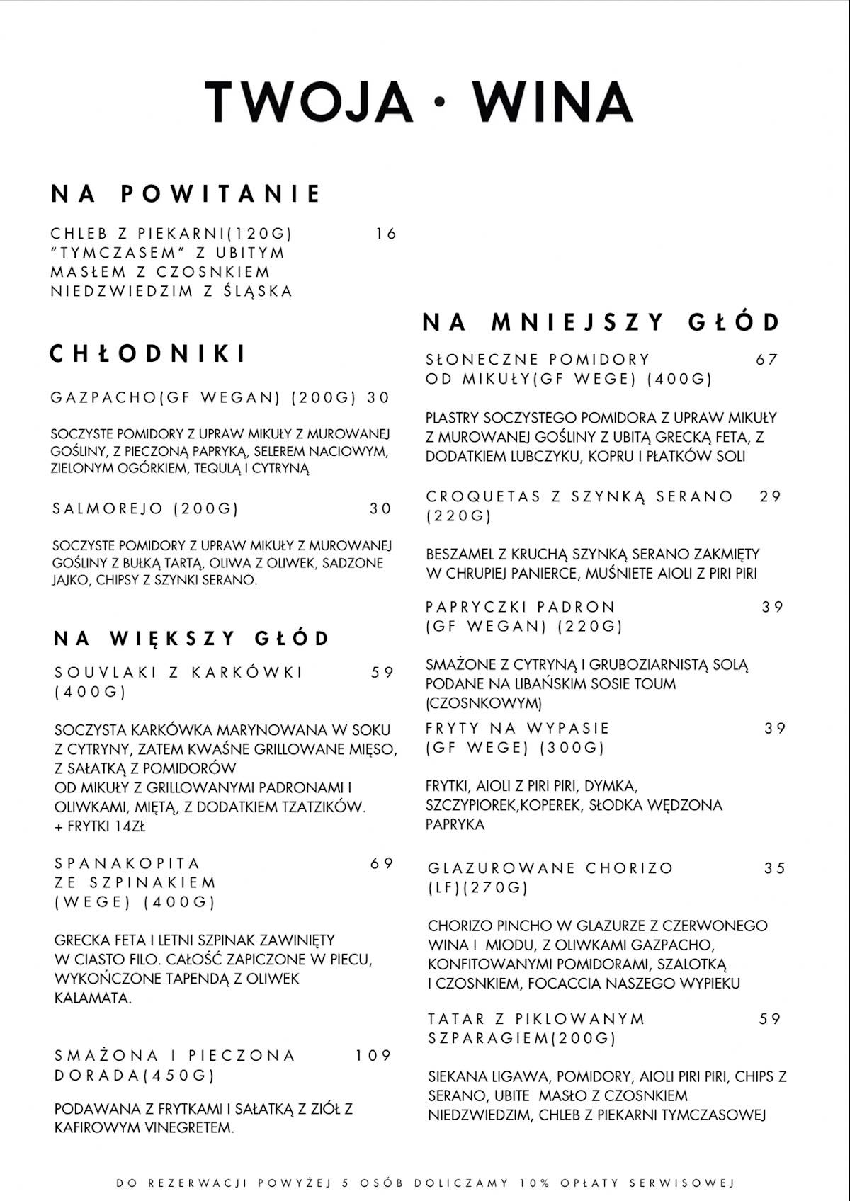 Menu at Twoja Wina restaurant, Poznań