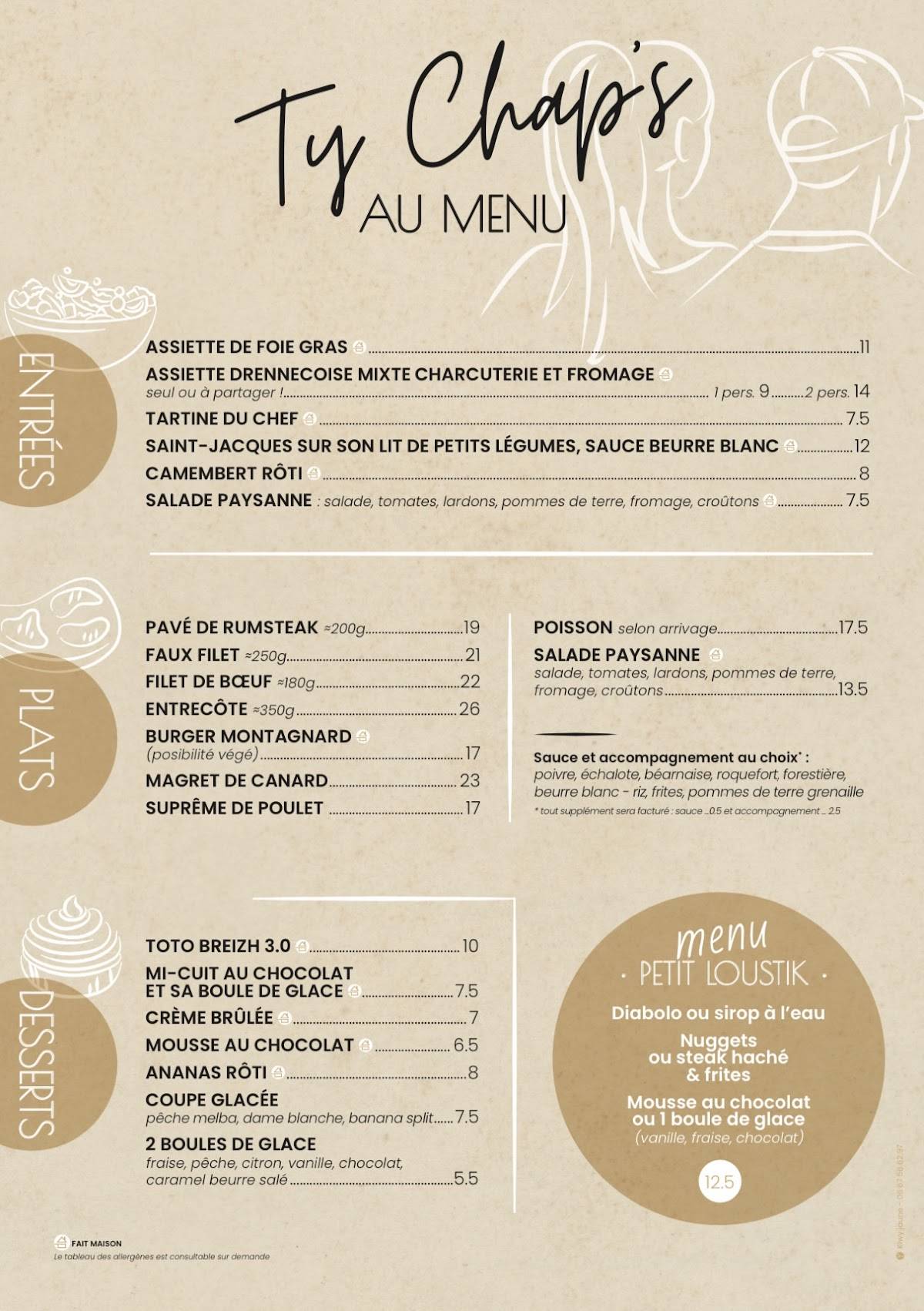 Menu au Ty Chap's restaurant, Ploudaniel