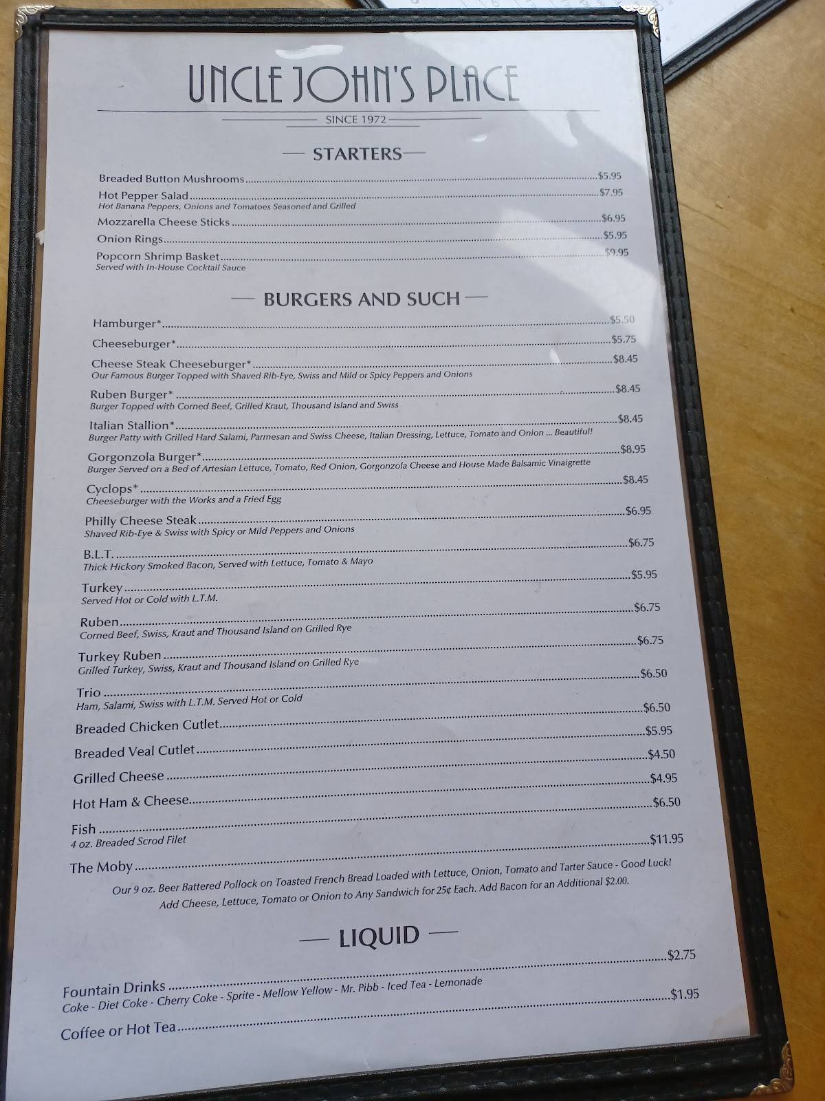 Menu at UNCLE JOHN’S PLACE restaurant, Mansfield
