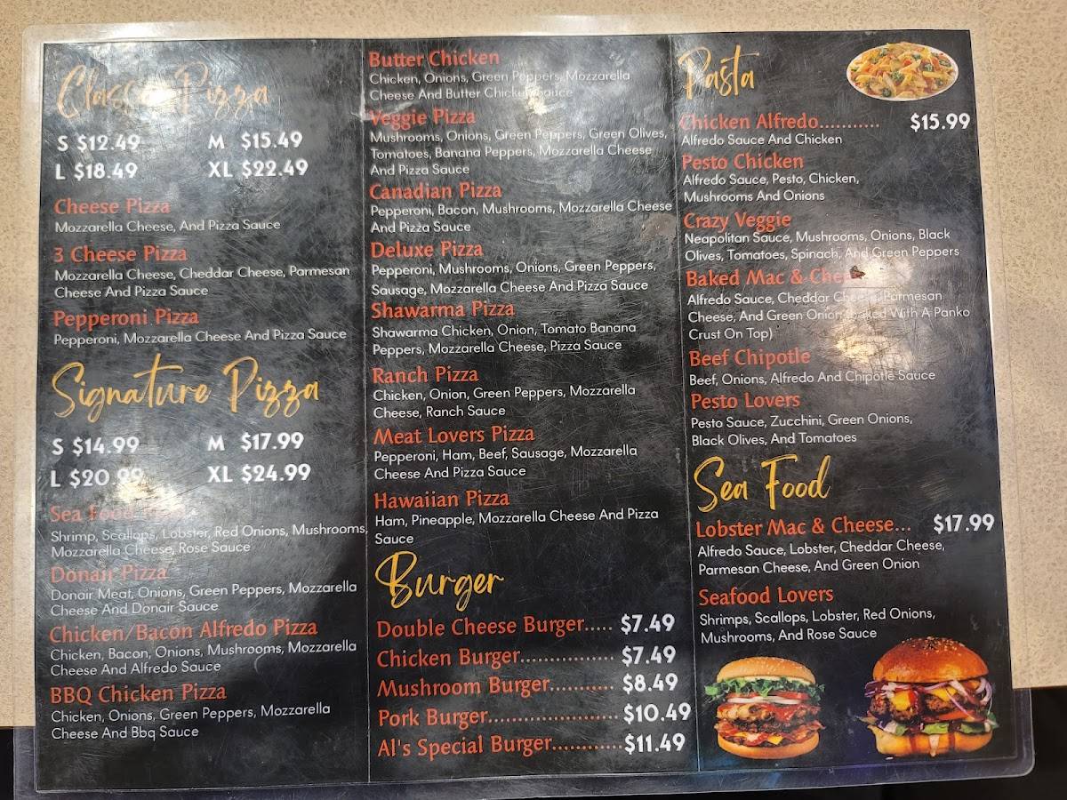 Menu at Uncle Al's Pizza restaurant, Pincher Creek