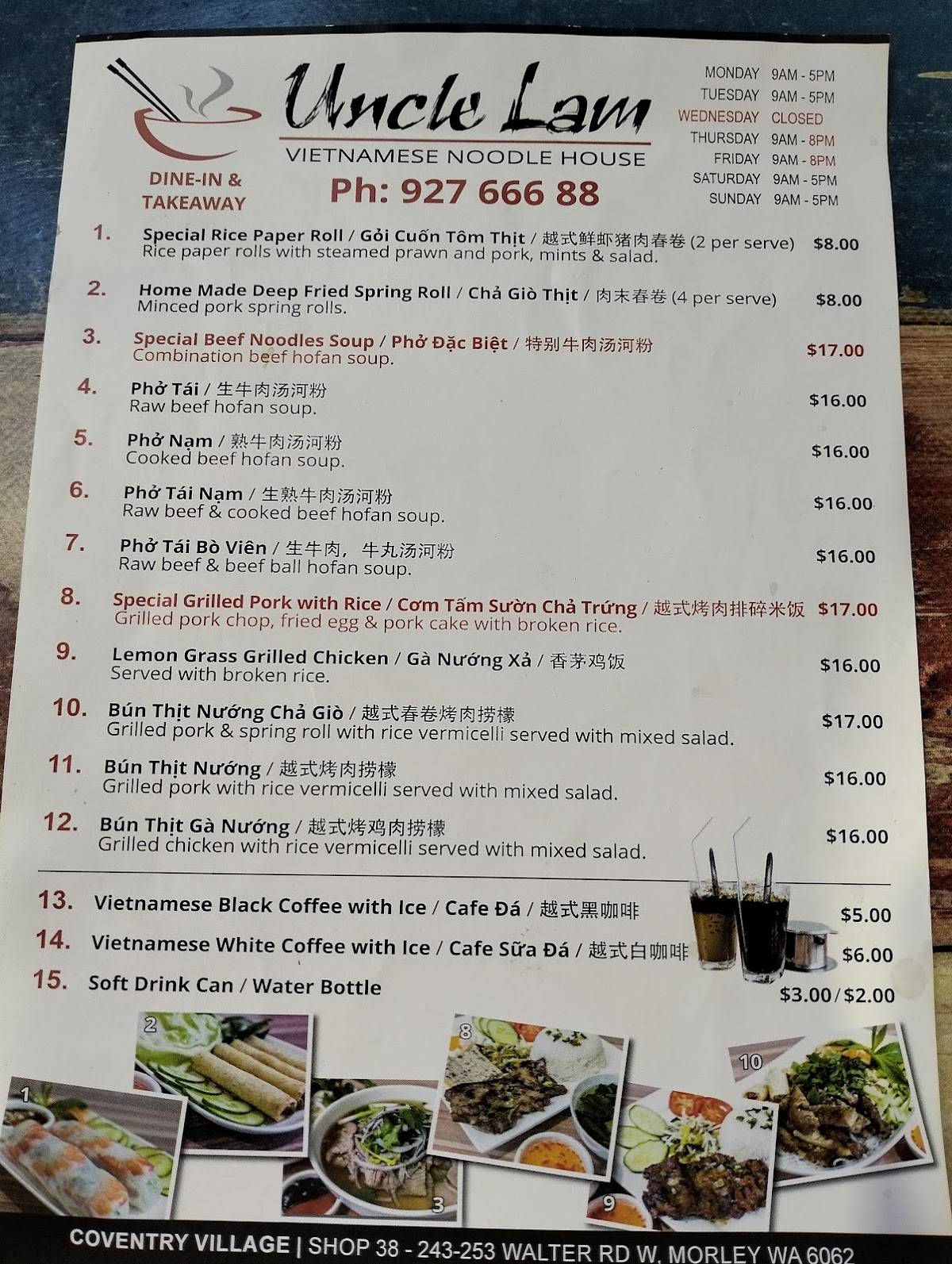 Menu at Uncle Lam Vietnamese Noodle House restaurant, Morley