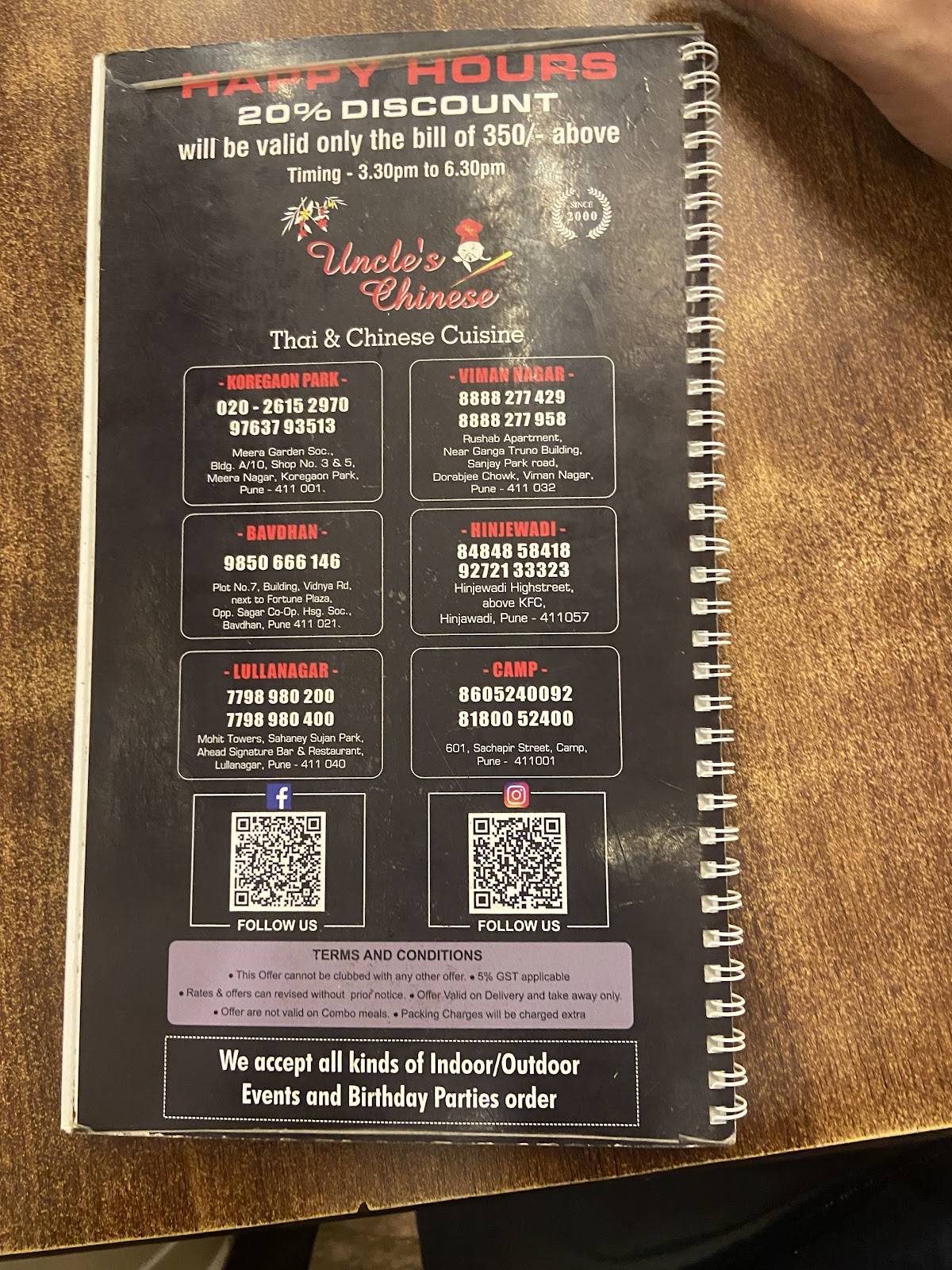 Menu at Uncle's Chinese, Pune, Meera Society