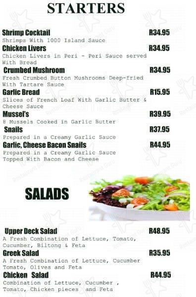 Menu at Upper Deck. pub & bar, Nelspruit