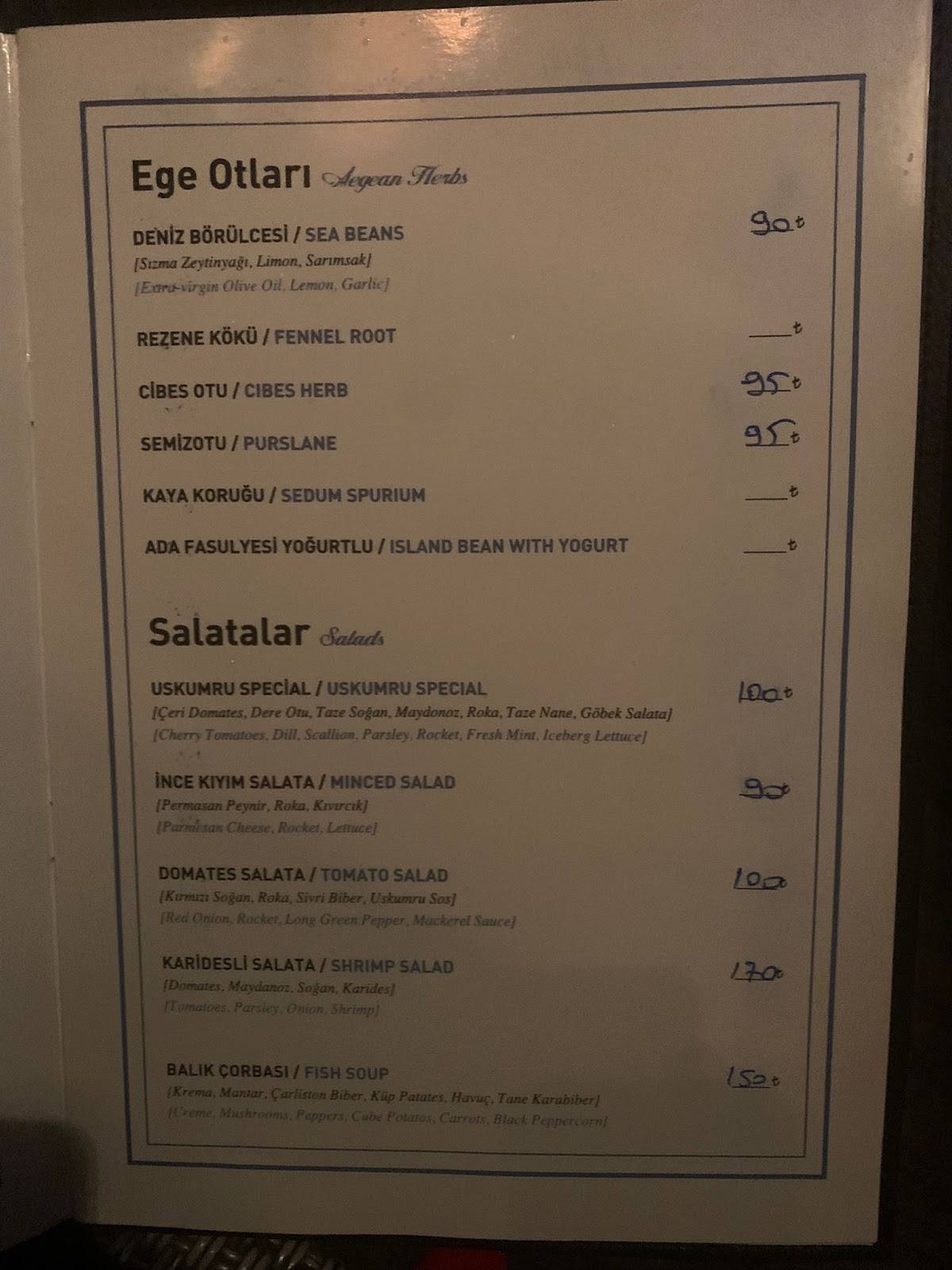 Menu at Uskumru, Istanbul, Körfez Cd. No:55