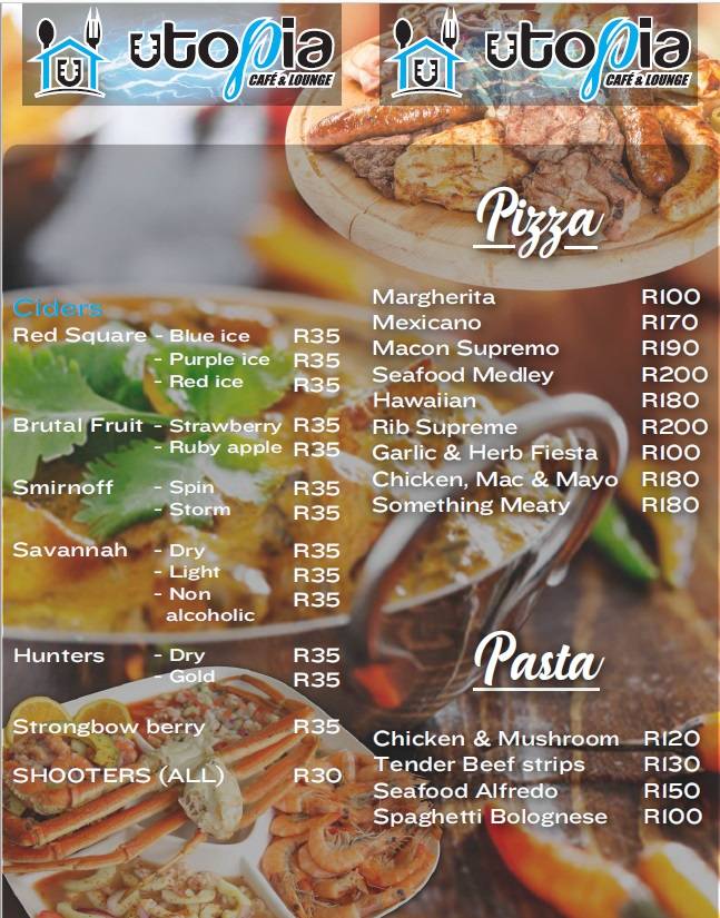 Menu at Utopia cafe and lounge, Cape Town
