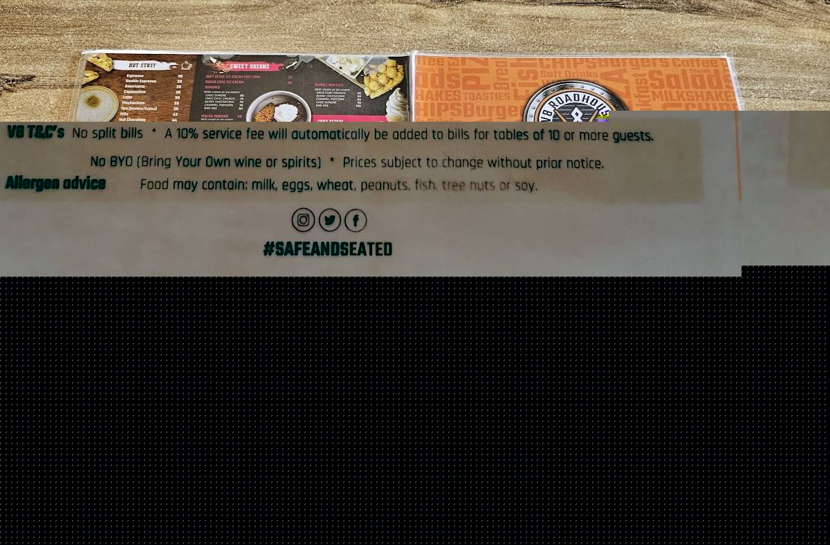 Menu at V8 Roadhouse restaurant, Pretoria