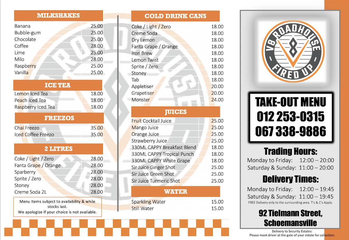 Menu at V8 Roadhouse restaurant, Pretoria