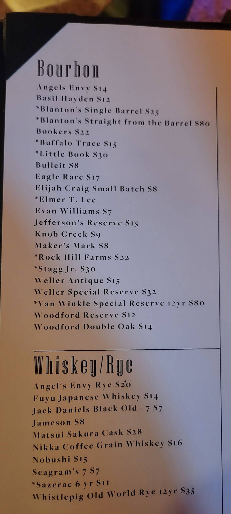 Menu at VERITAS restaurant, Jackson