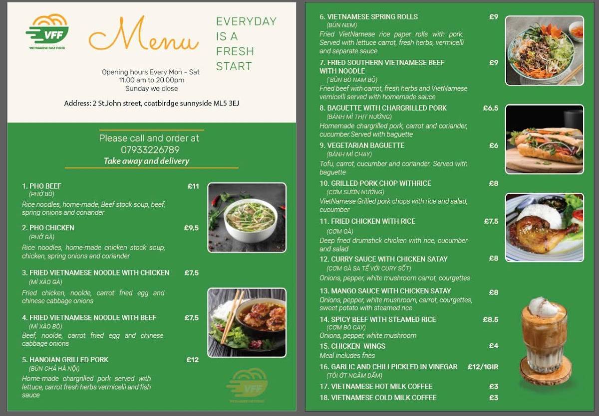 Menu at VFF Coatbridge restaurant, Coatbridge