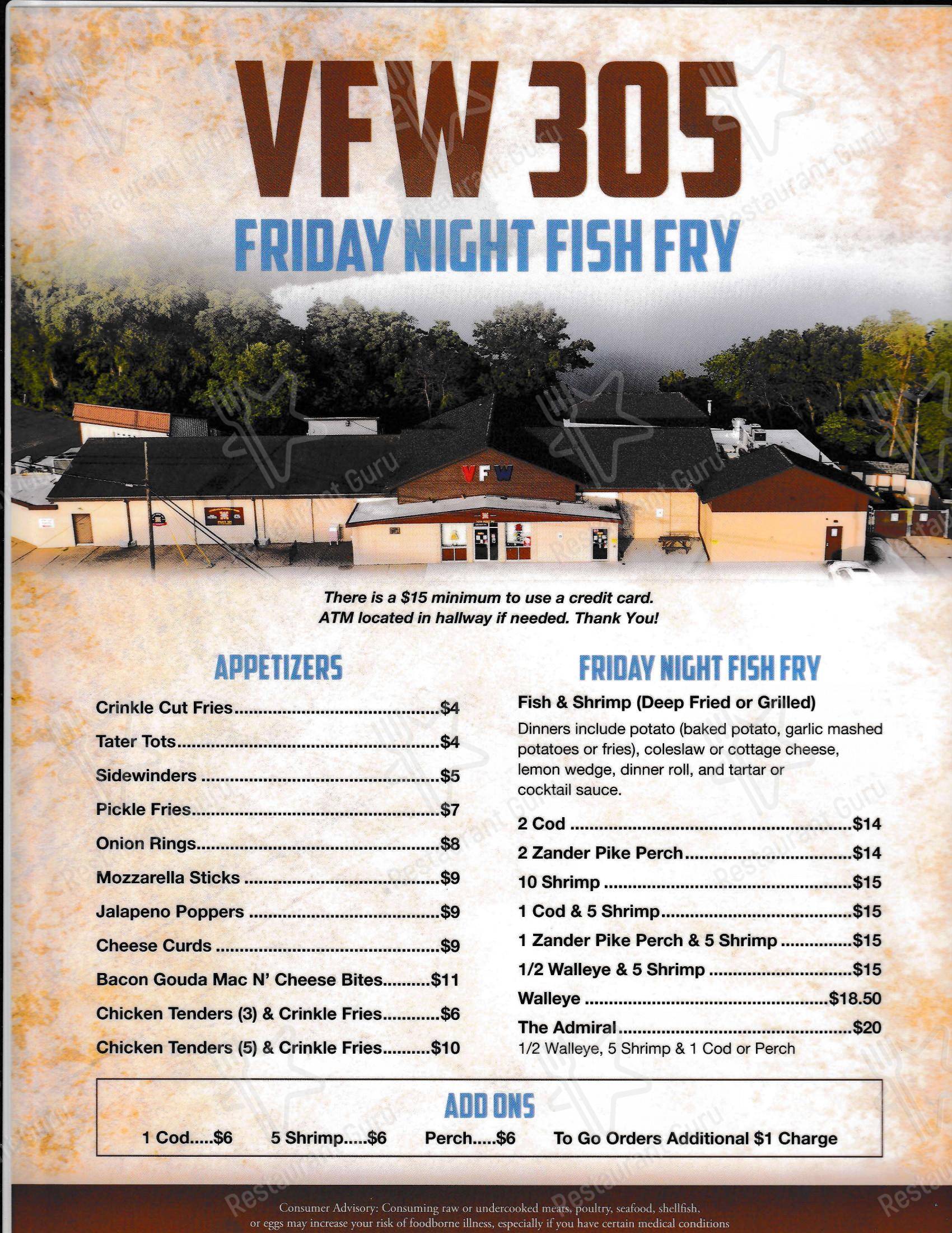 Menu at VFW Post 305 pub & bar, Eau Claire, Starr Ave