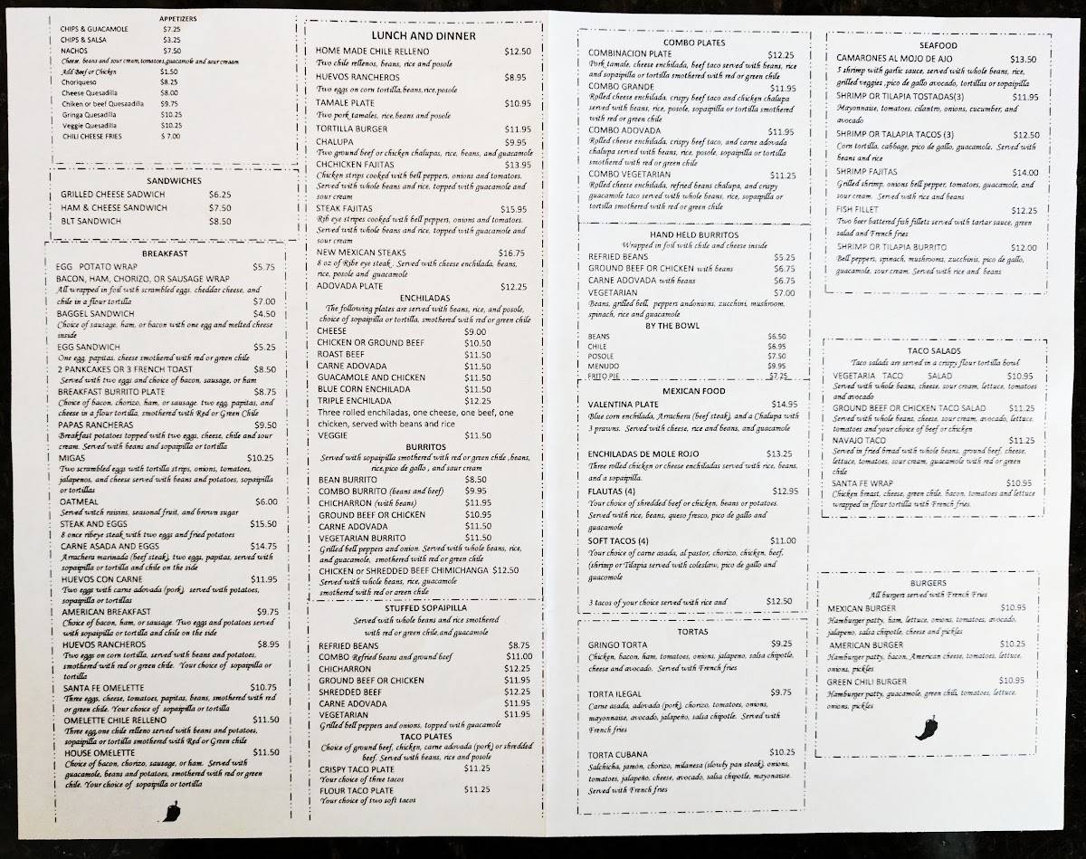 Menu at Valentina's restaurant, Santa Fe