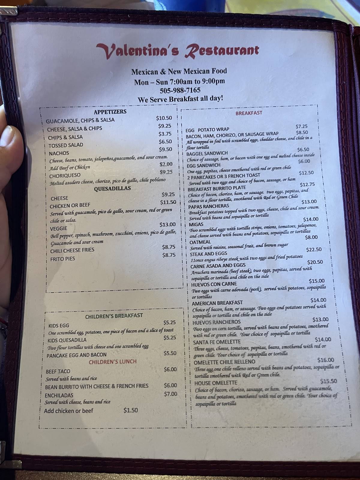 Menu at Valentina's restaurant, Santa Fe, 945 W Alameda St