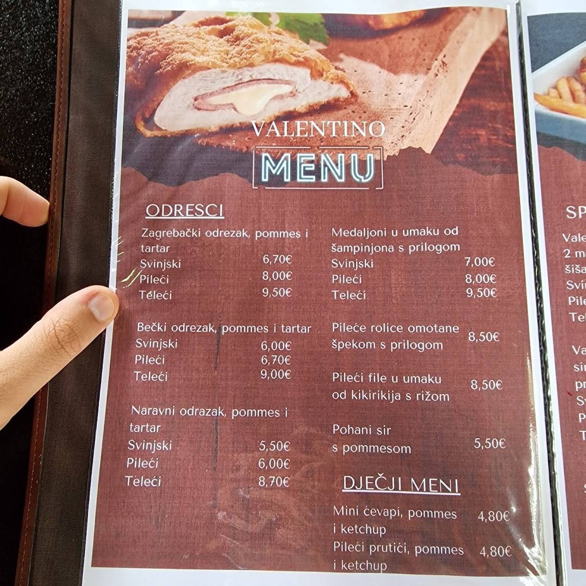 Menu at Valentino restaurant, Zagreb, Vukomerec ul. 16