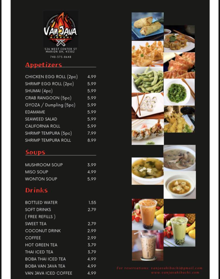 Menu at Van Java Hibachi TEMPORARILY CLOSED restaurant, Marion