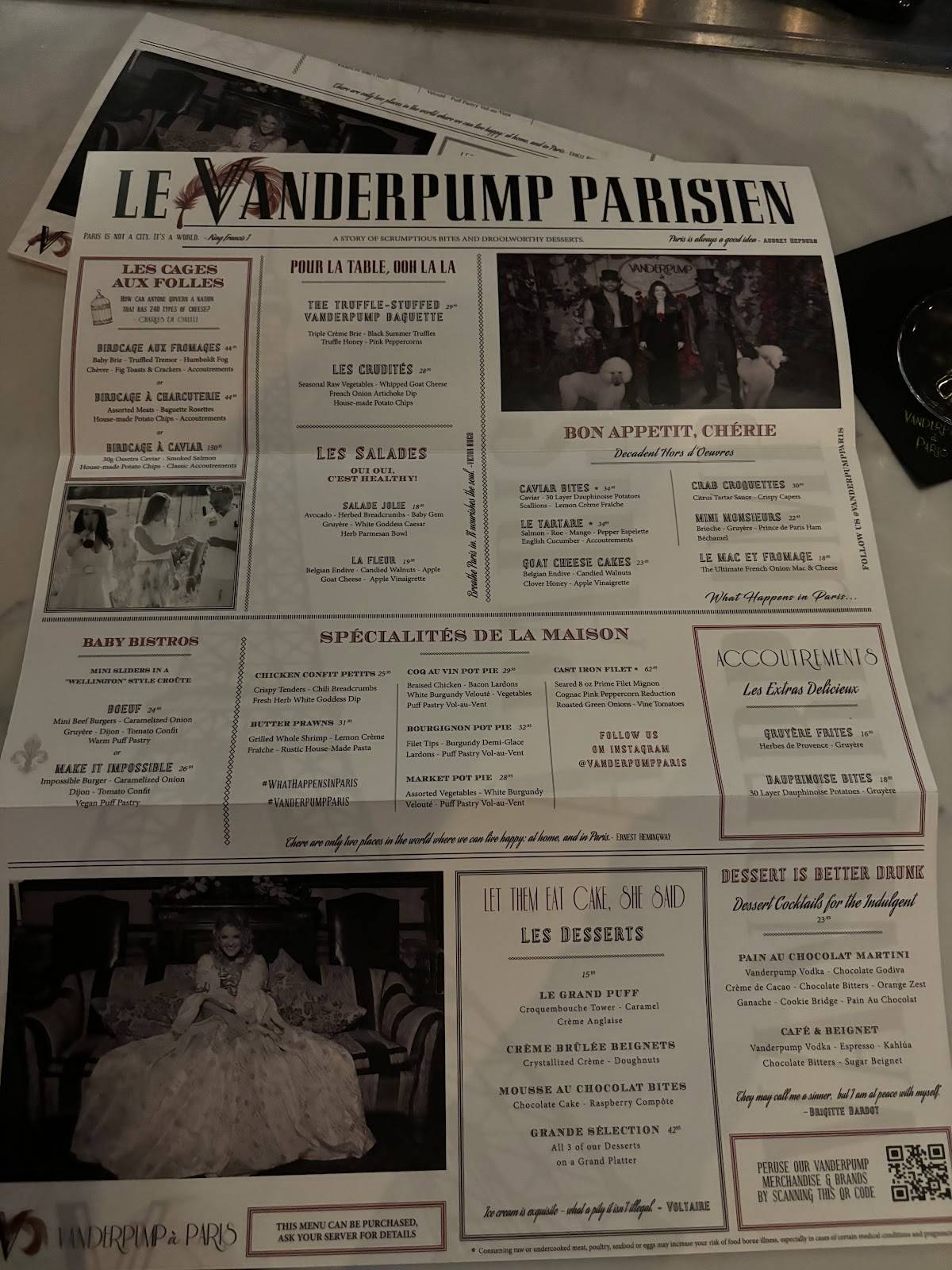 Menu at Vanderpump à Paris pub & bar, Las Vegas