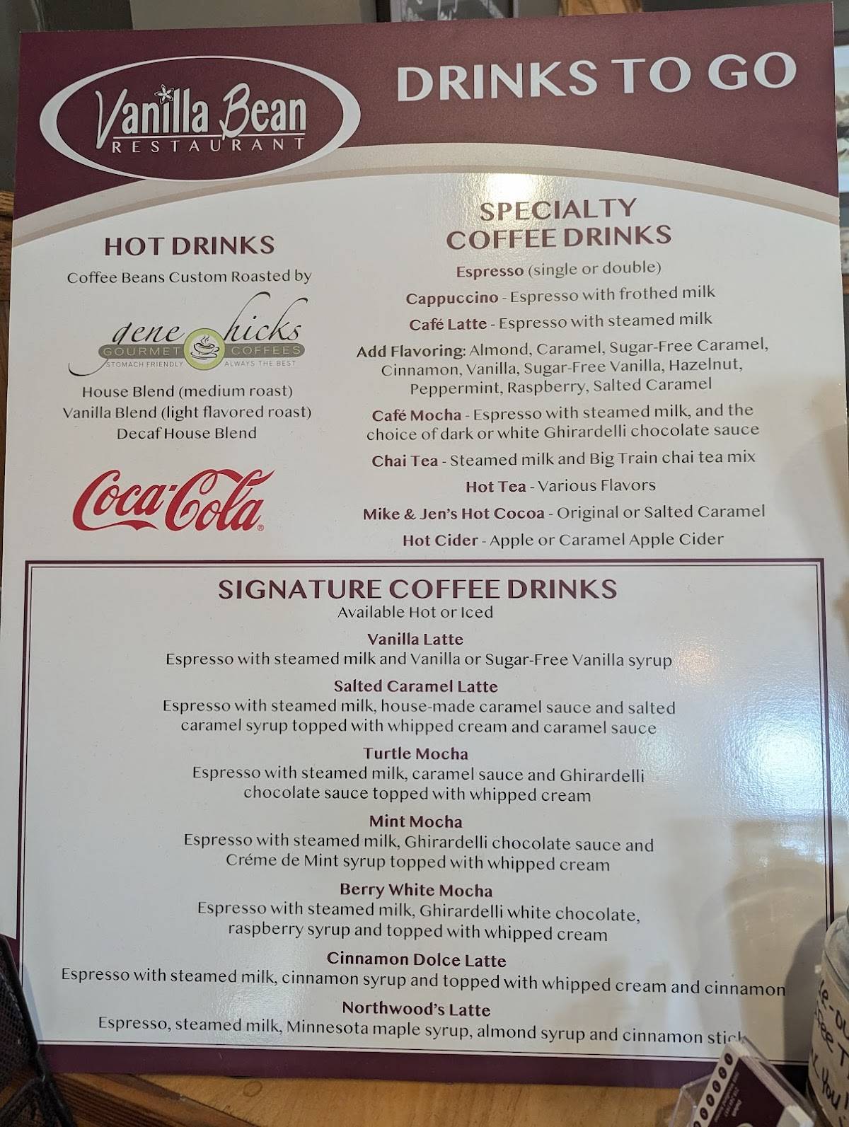 Menu at Vanilla Bean - Two Harbors restaurant, Two Harbors
