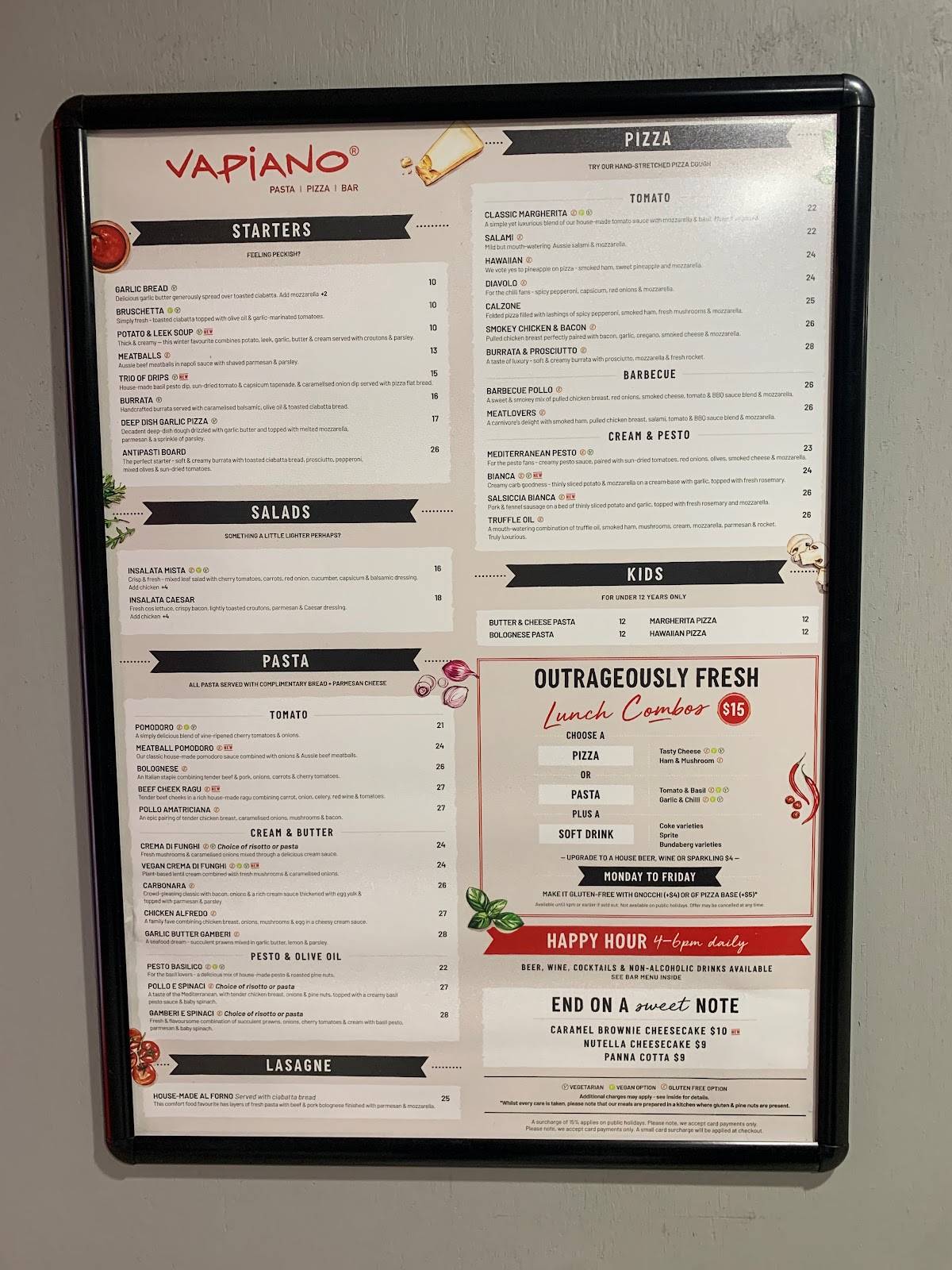 Carta del restaurante Vapiano Bourke Street Mall, Melbourne