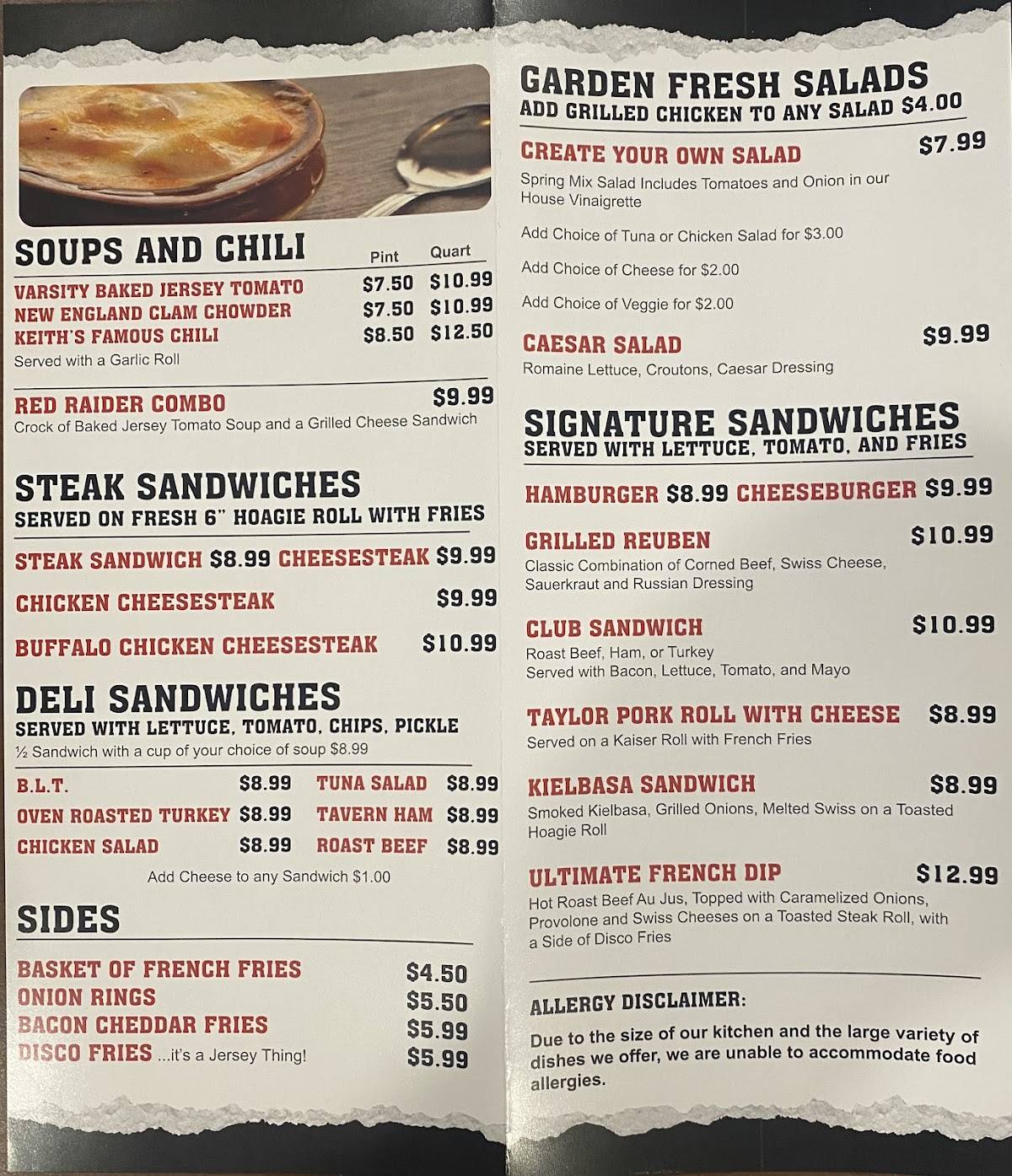 Menu at Varsity Inn restaurant, Ocean City