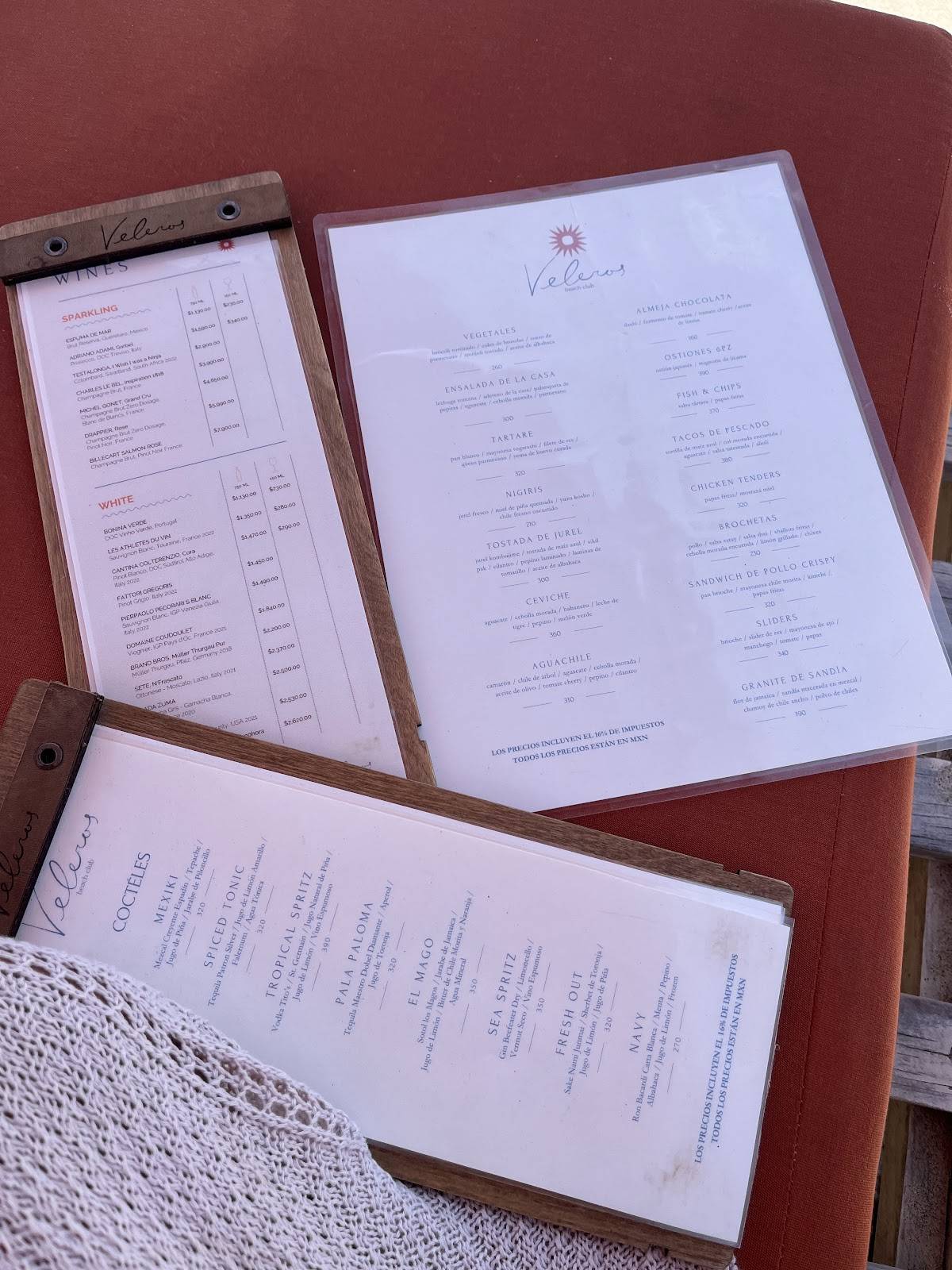 Menu at Veleros Beach Club, San José del Cabo