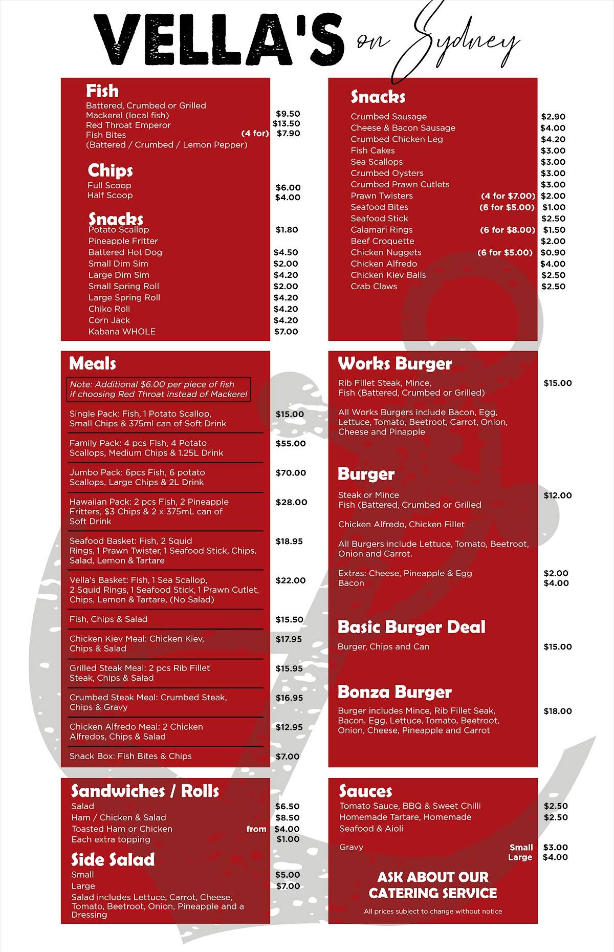 Menu at Vella's on Sydney fast food, Mackay