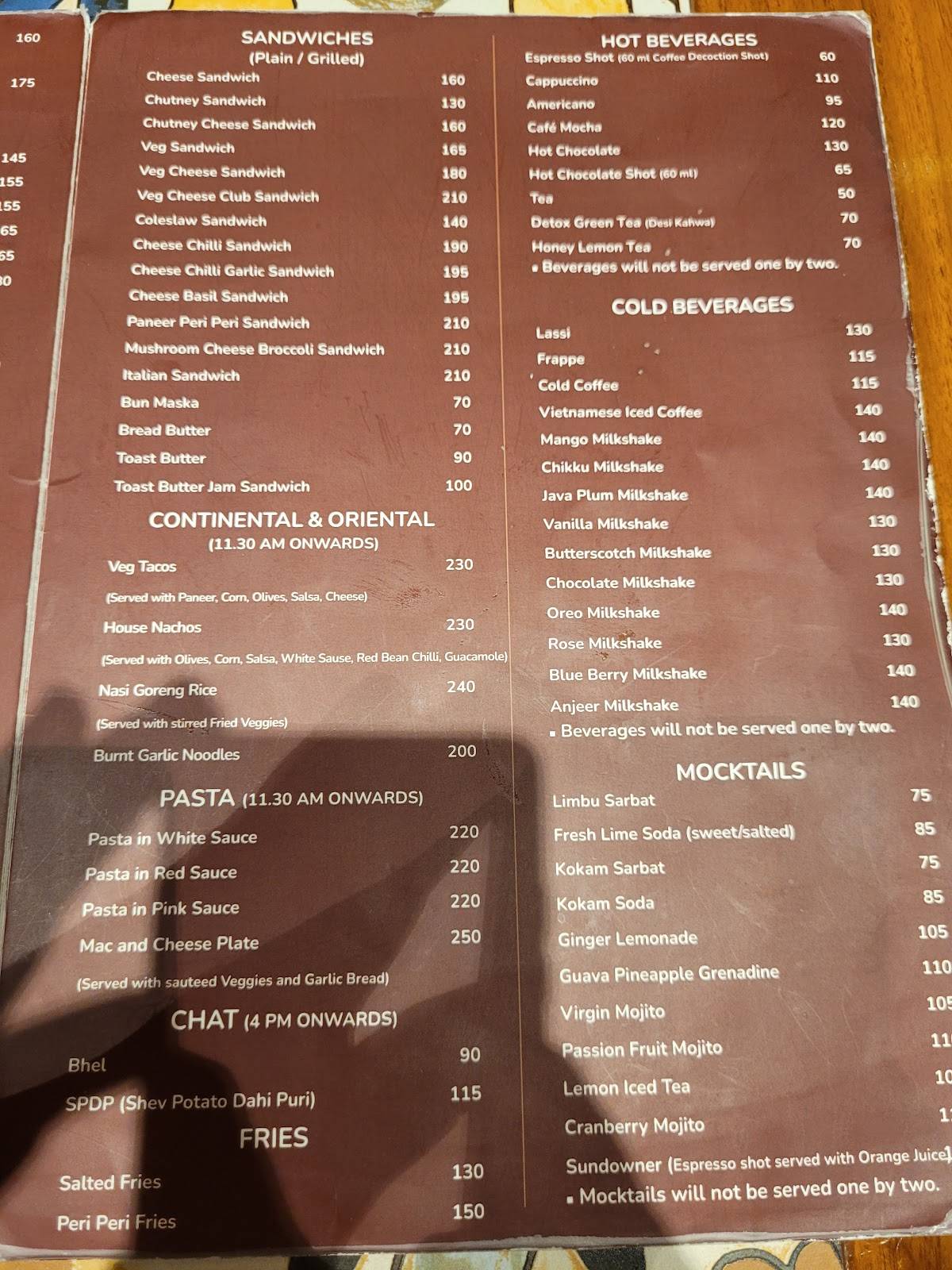 Menu at Verandah, Pune