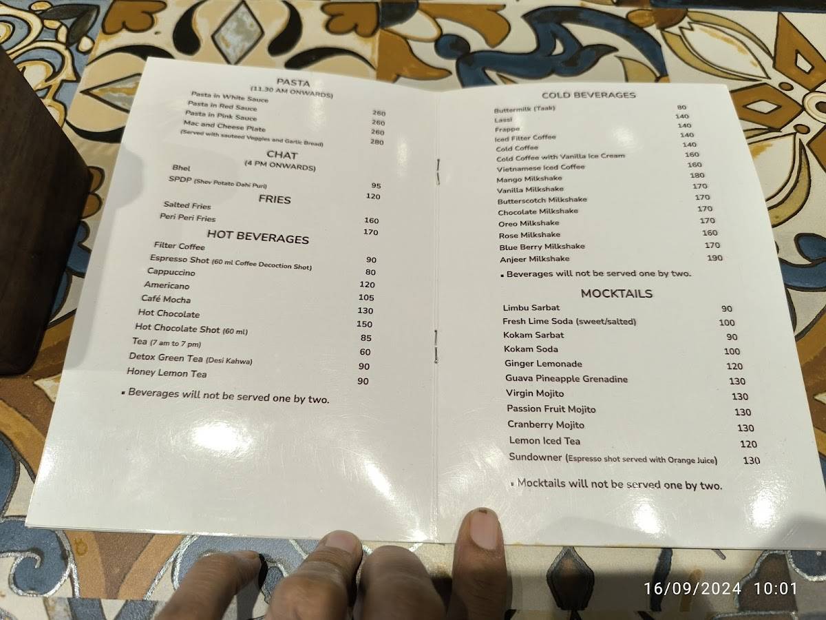 Menu at Verandah, Pune