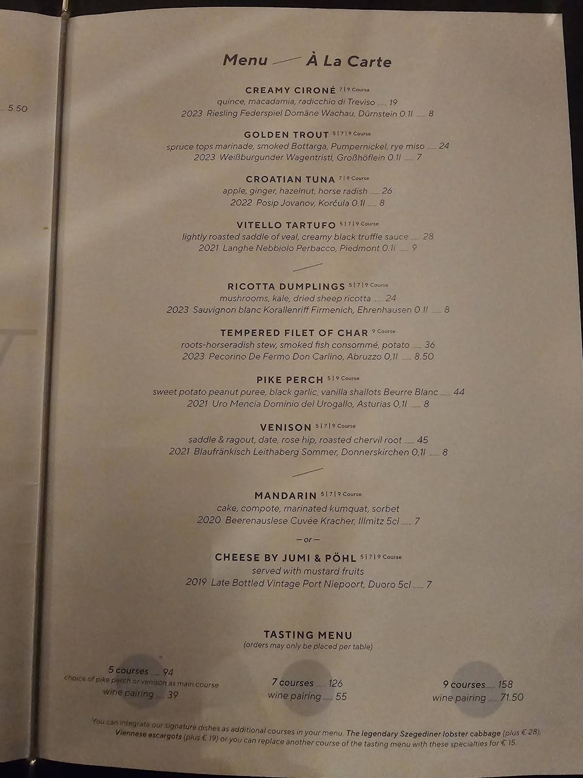 Speisekarte von Vestibül Restaurant im Burgtheater, Wien