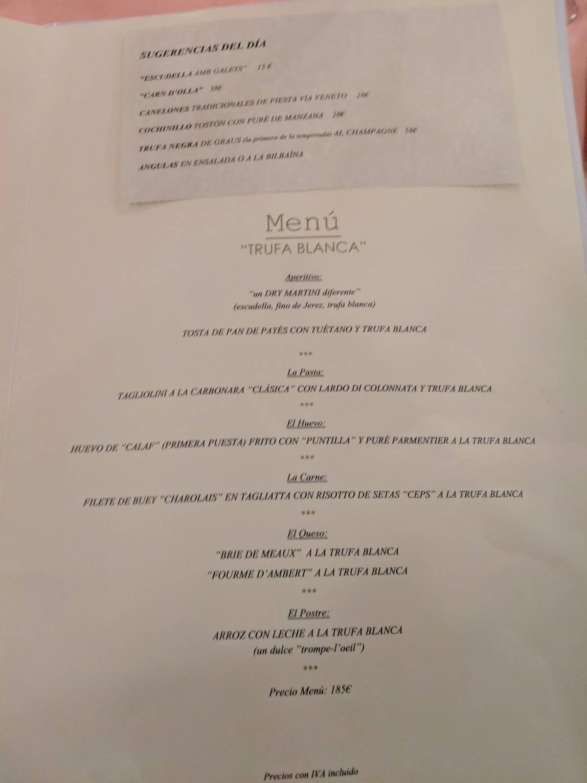 Carta del restaurante Via Veneto, Barcelona