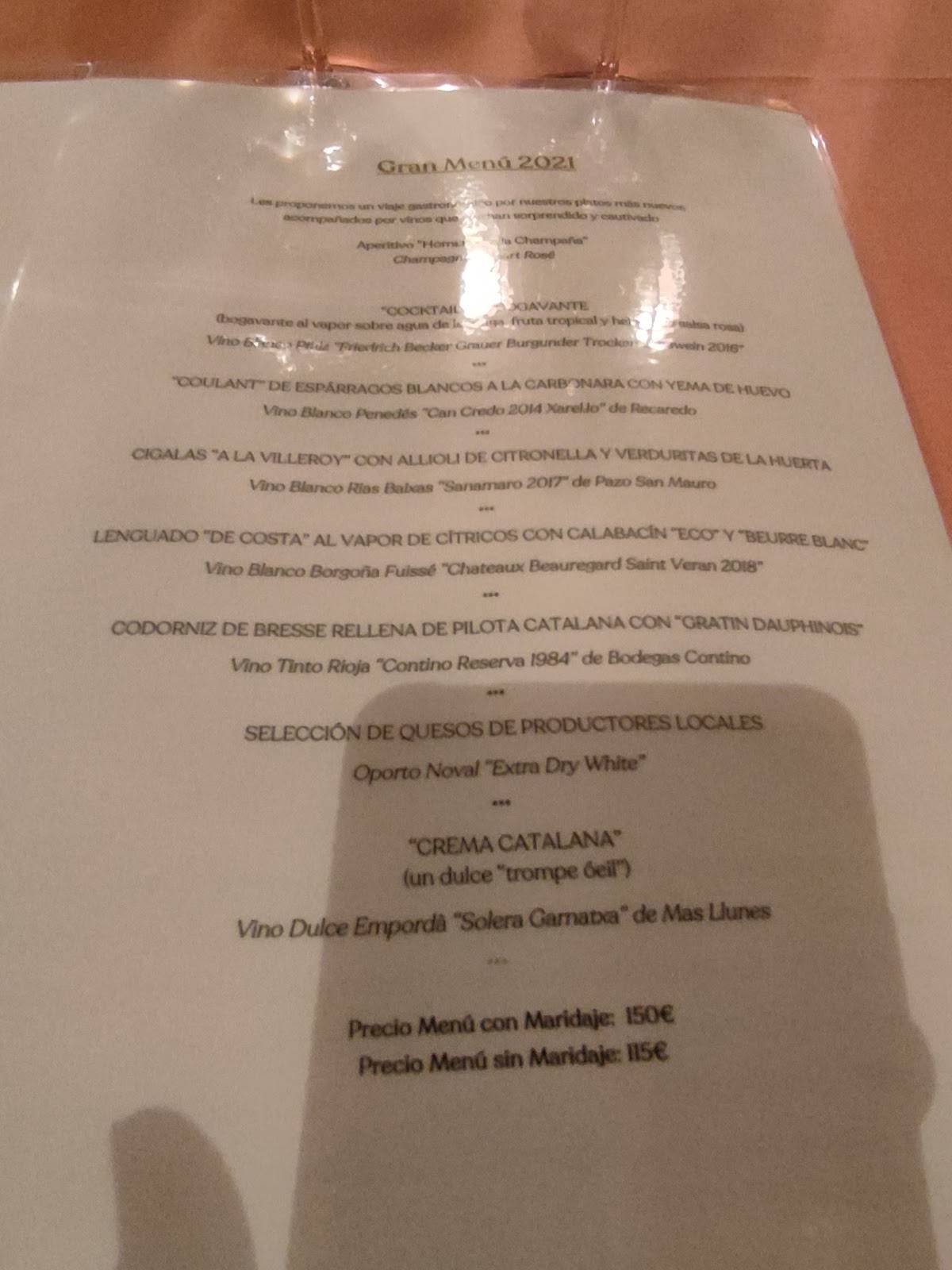 Menu at Via Veneto restaurant, Barcelona