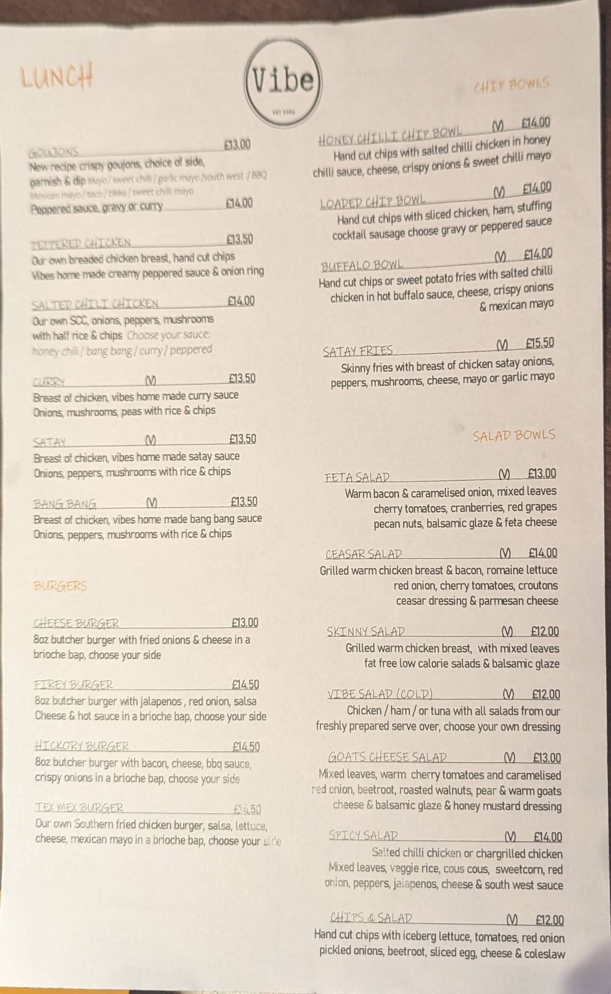 Menu at Vibe restaurant, Lurgan, 65B William St