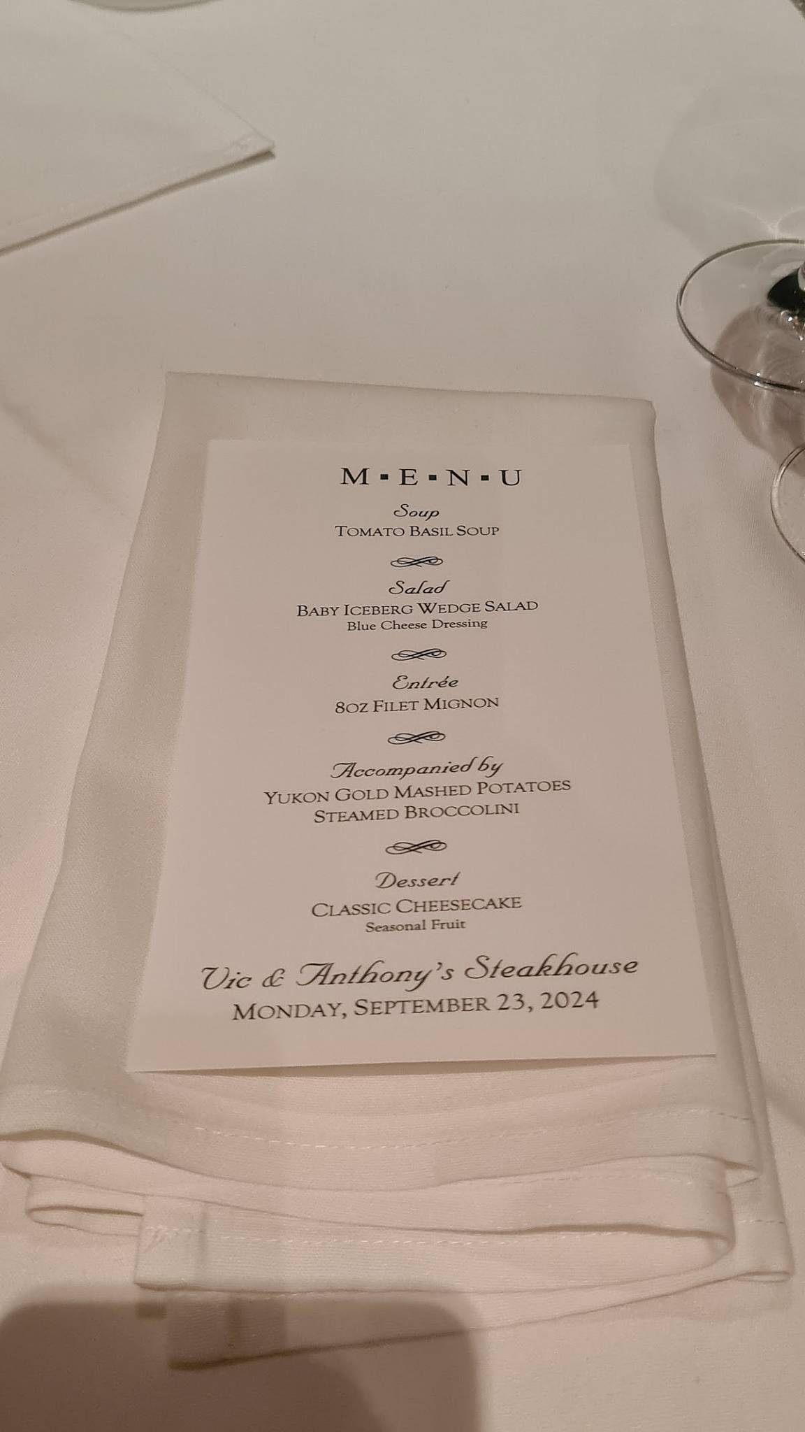 Menu at Vic & Anthony's Steakhouse, Houston