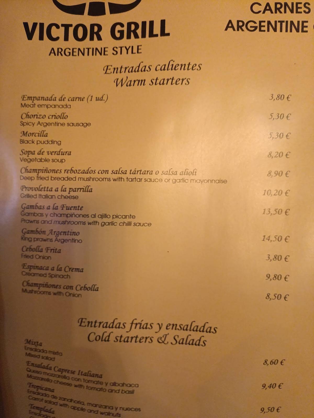 Menu at Victor Grill restaurant, Manilva, C. Cigala