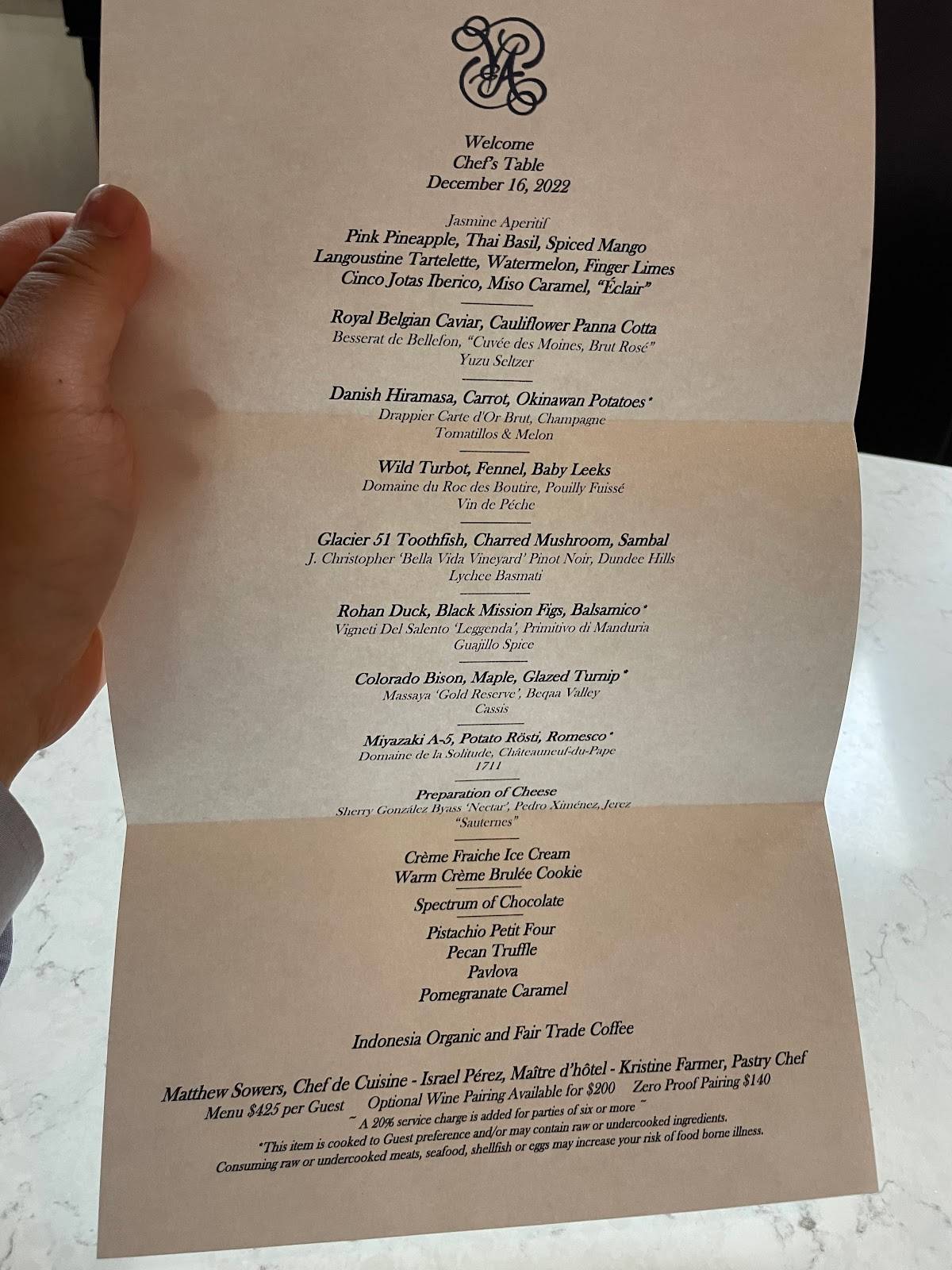 Menu at Victoria & Albert's restaurant, Orlando