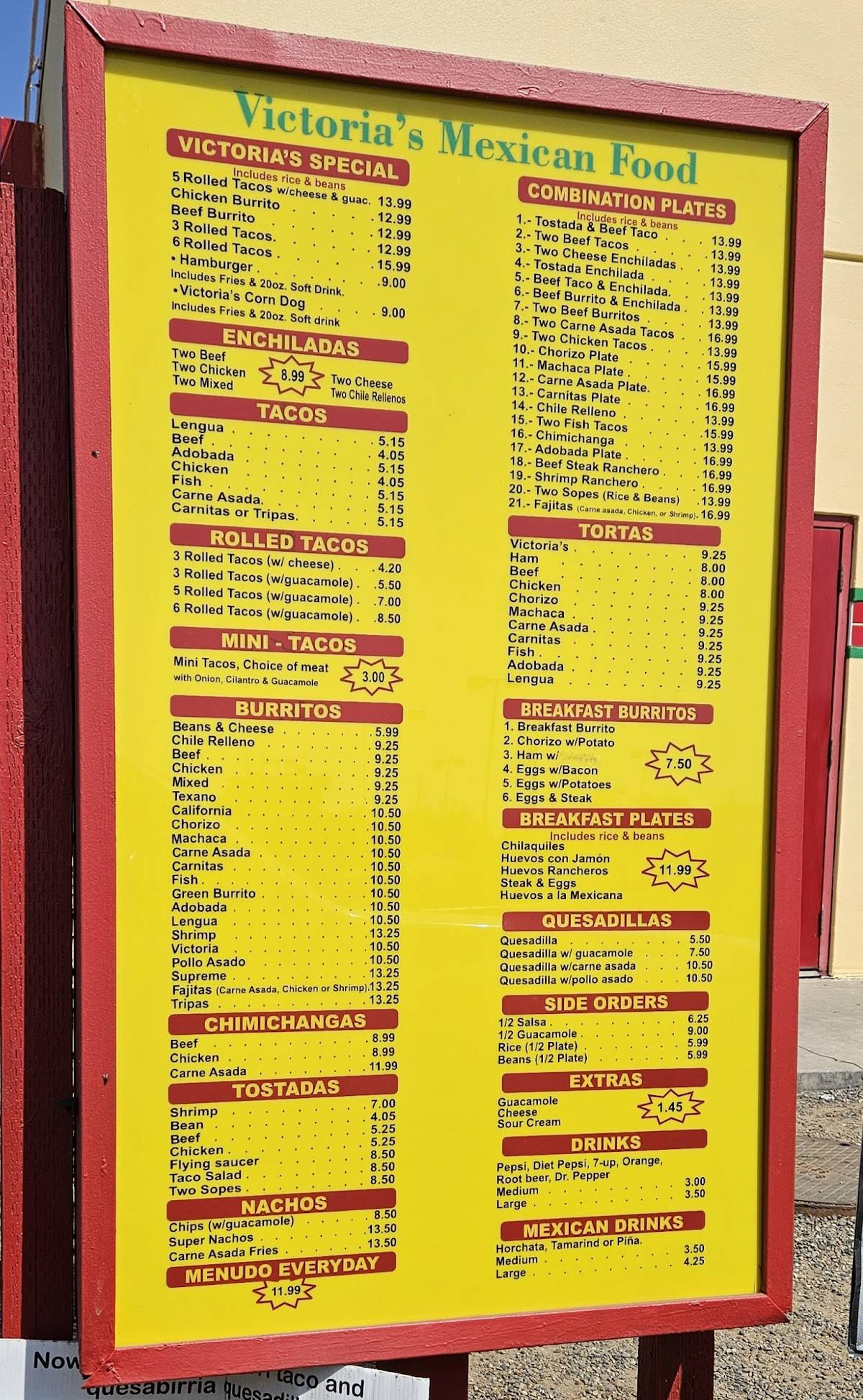 Menu at Victoria's 24hr Mexican Drive Thru restaurant, Merced