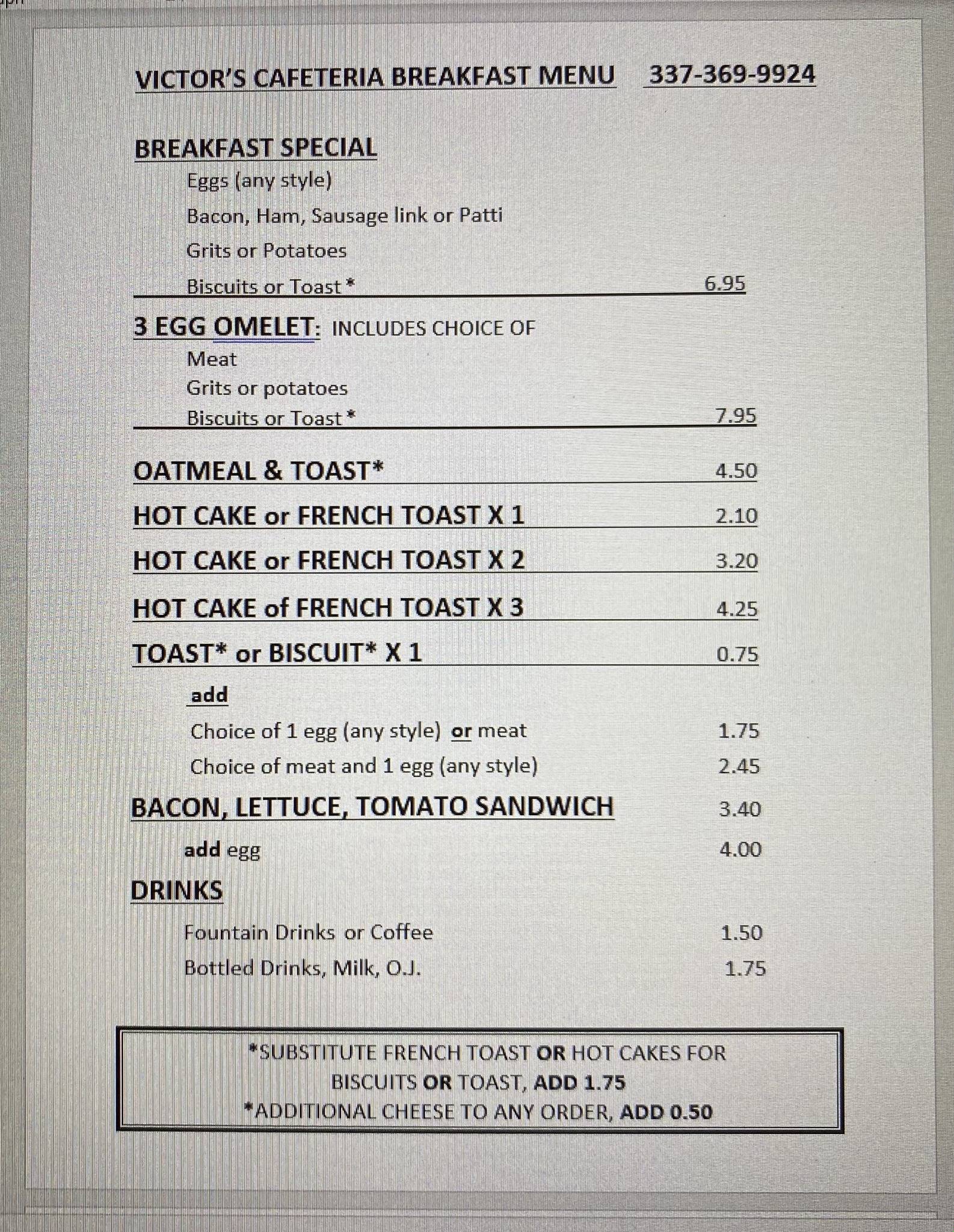 Menu at Victor's Cafeteria, New Iberia