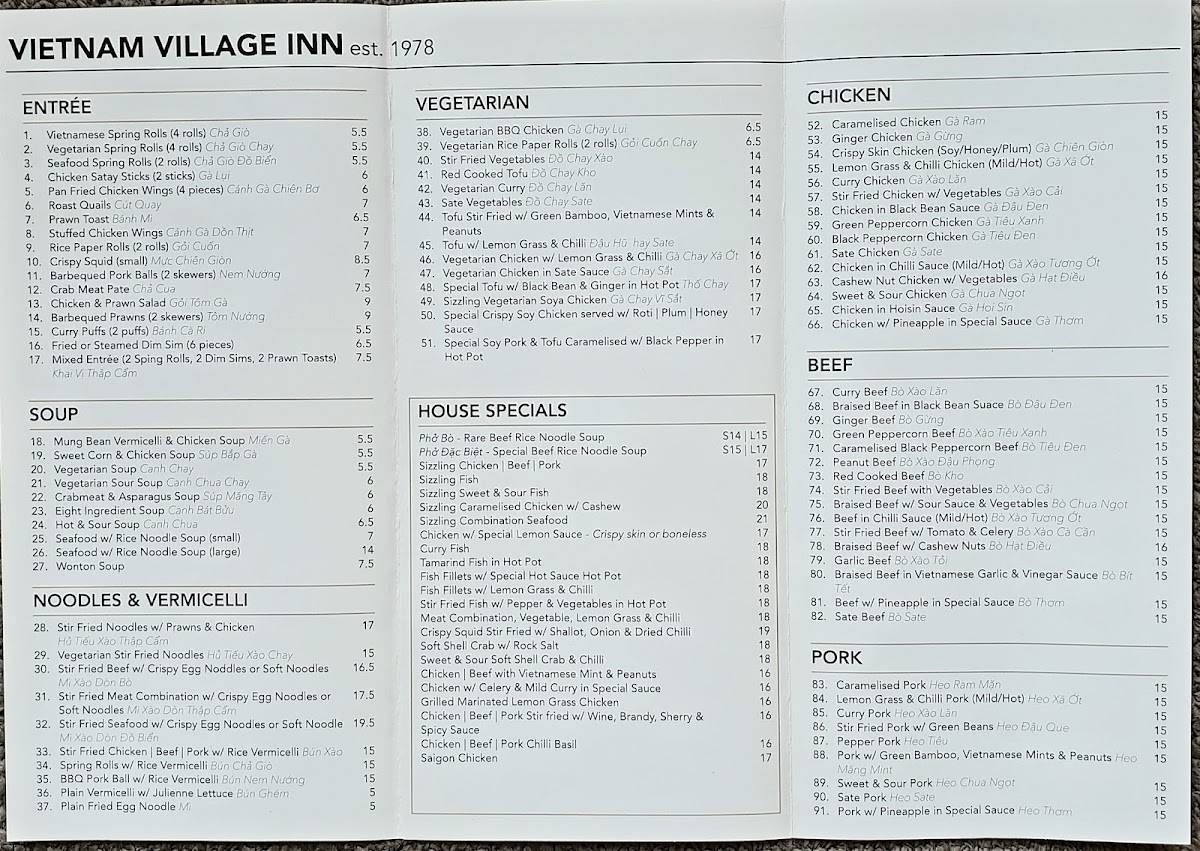 Menu at Vietnam Village Inn restaurant, Page