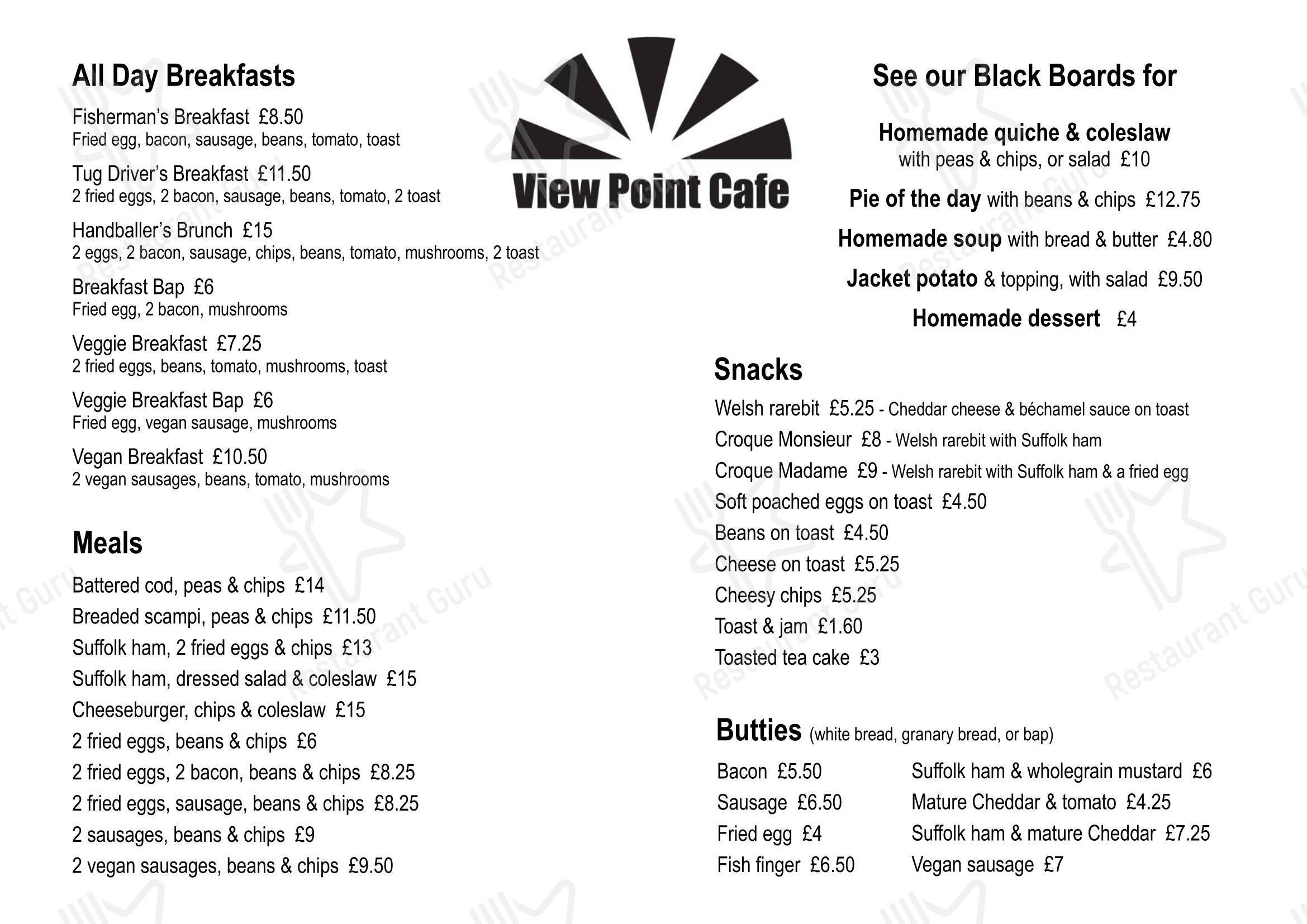Menu at View Point Cafe, Felixstowe