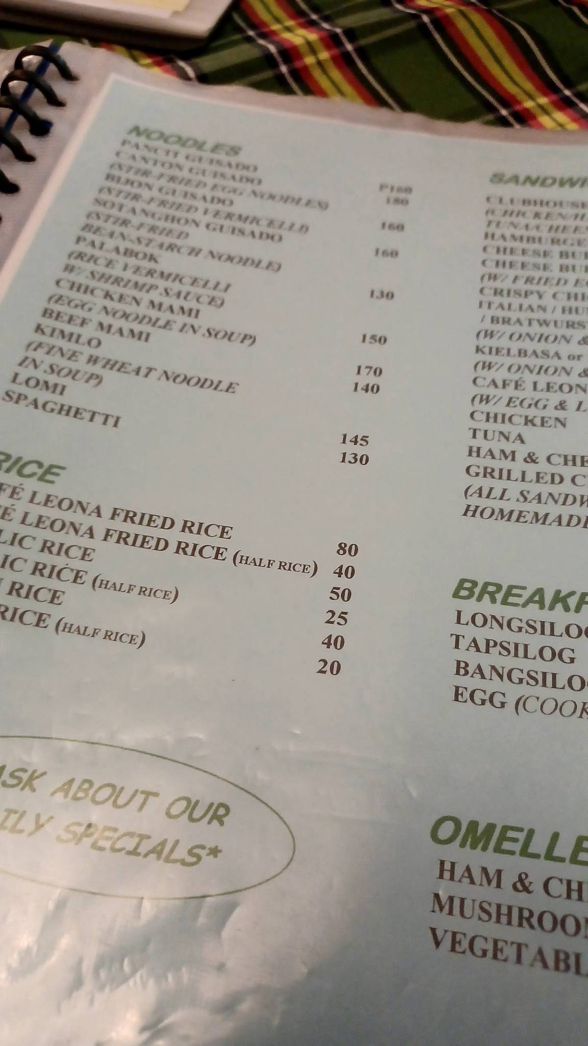 Menu at Cafe Leona, Vigan City