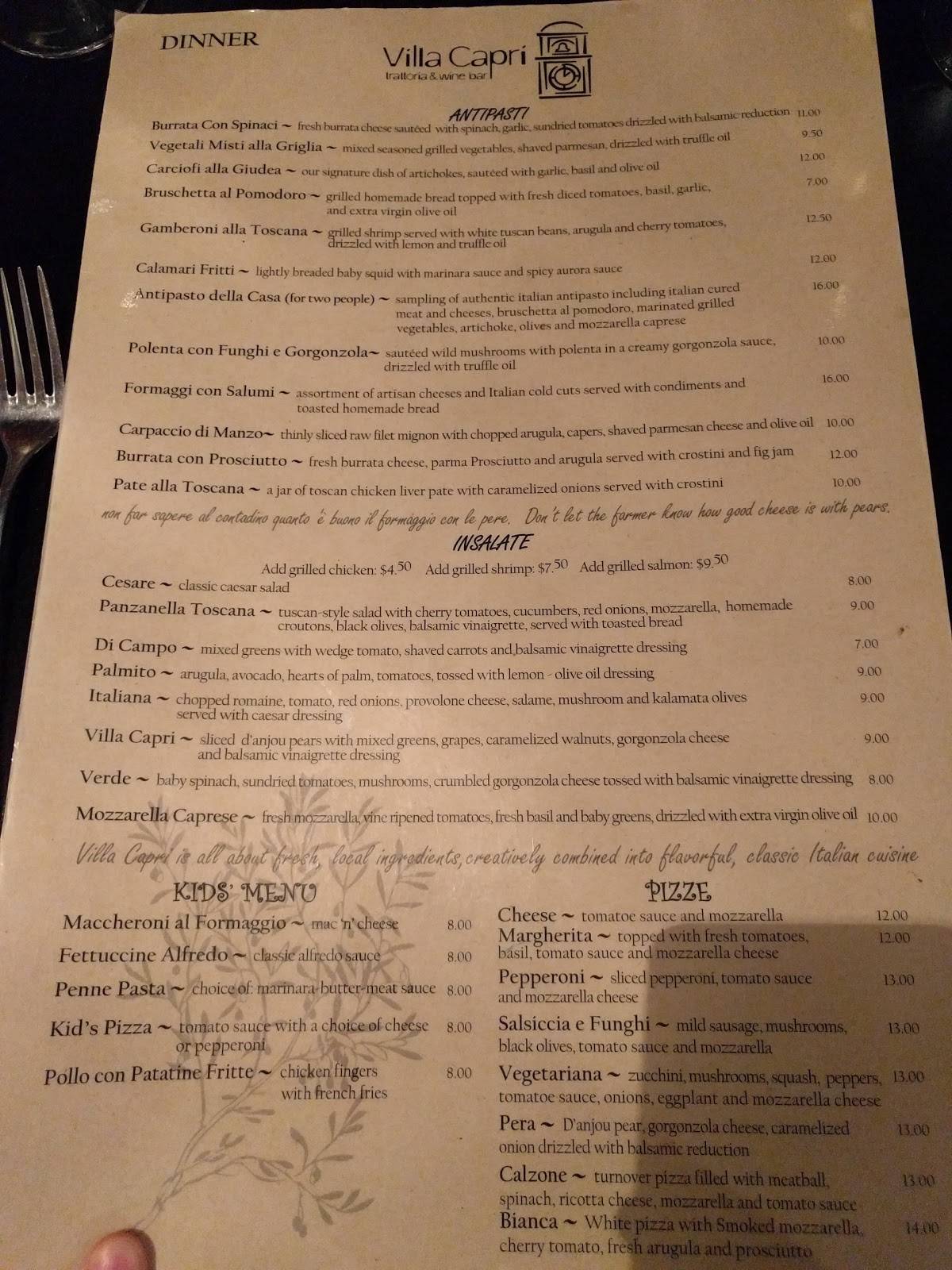Menu at Villa Capri Trattoria & Wine Bar, Poway