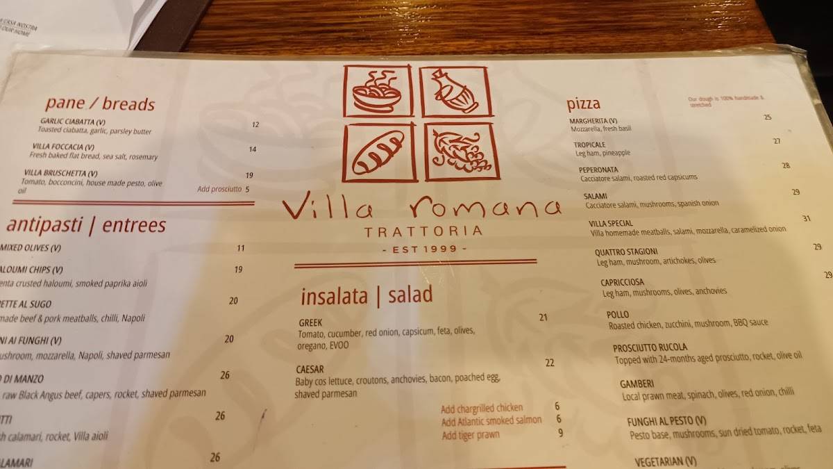 Menu at Villa Romana restaurant, Cairns, 99 Esplanade