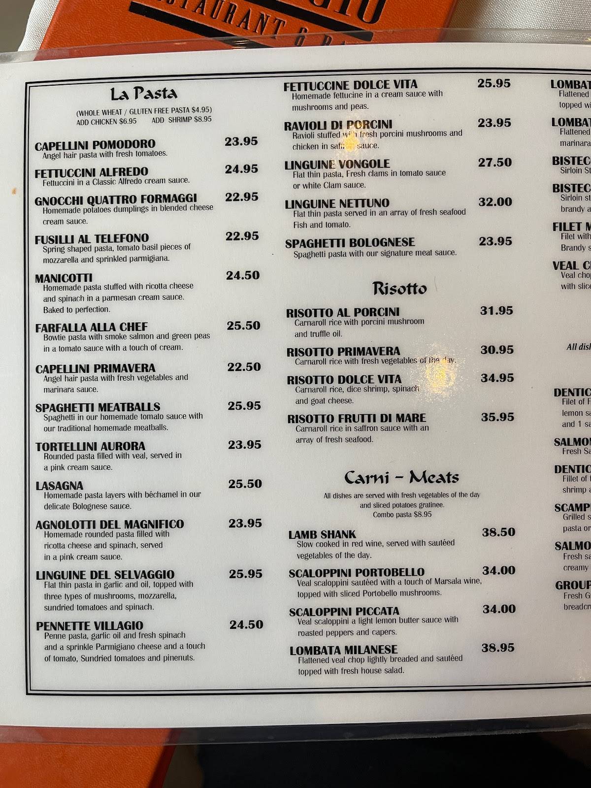 Menu at Villagio restaurant, Coral Gables, Village of Merrick Park