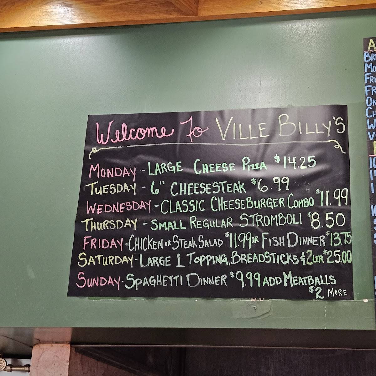 Menu at Ville Billy`s LLC pizzeria, State College