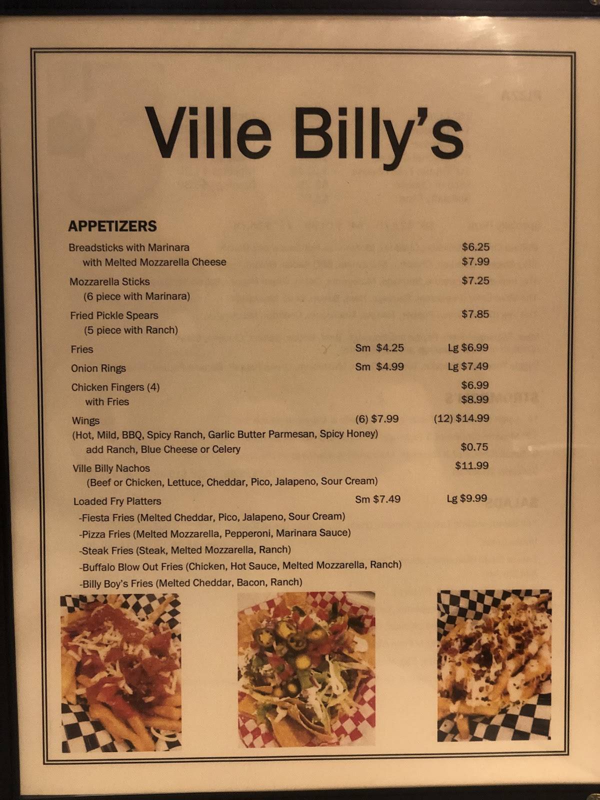 Menu at Ville Billy`s LLC pizzeria, State College