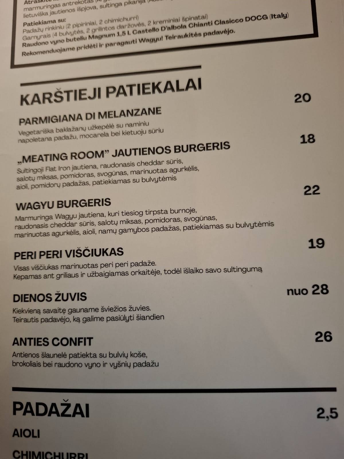 Menu at Meating Room restaurant, Vilnius