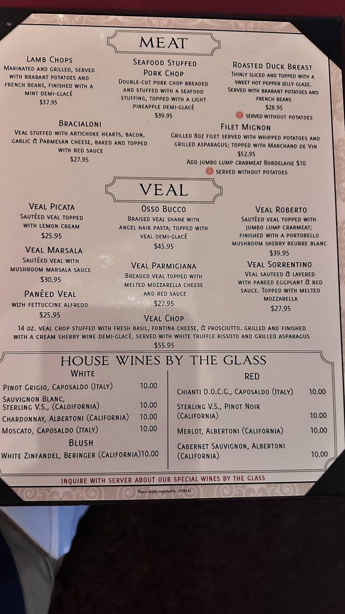 Menu at Vincent's Italian Cuisine restaurant, New Orleans, St Charles Ave